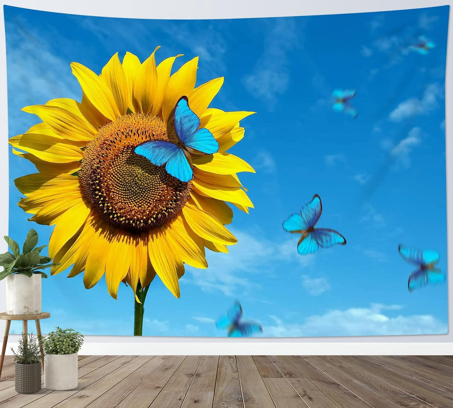 Butterfly Tapestry Wall Hanging Rustic Yellow Sunflower and Blue ...