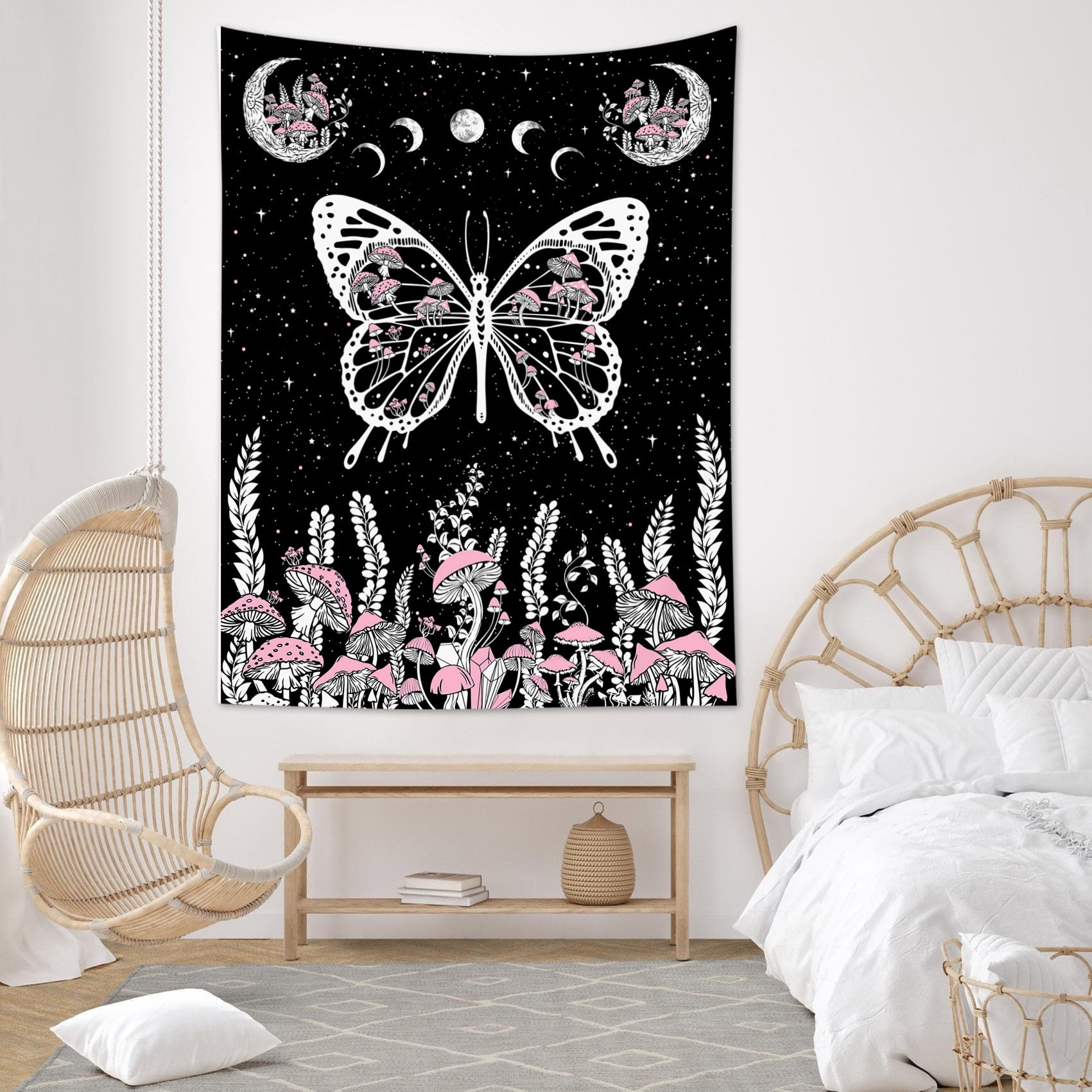 Butterfly Tapestry Wall Hanging Vintage Moon Phase Starry Sky and Pink ...