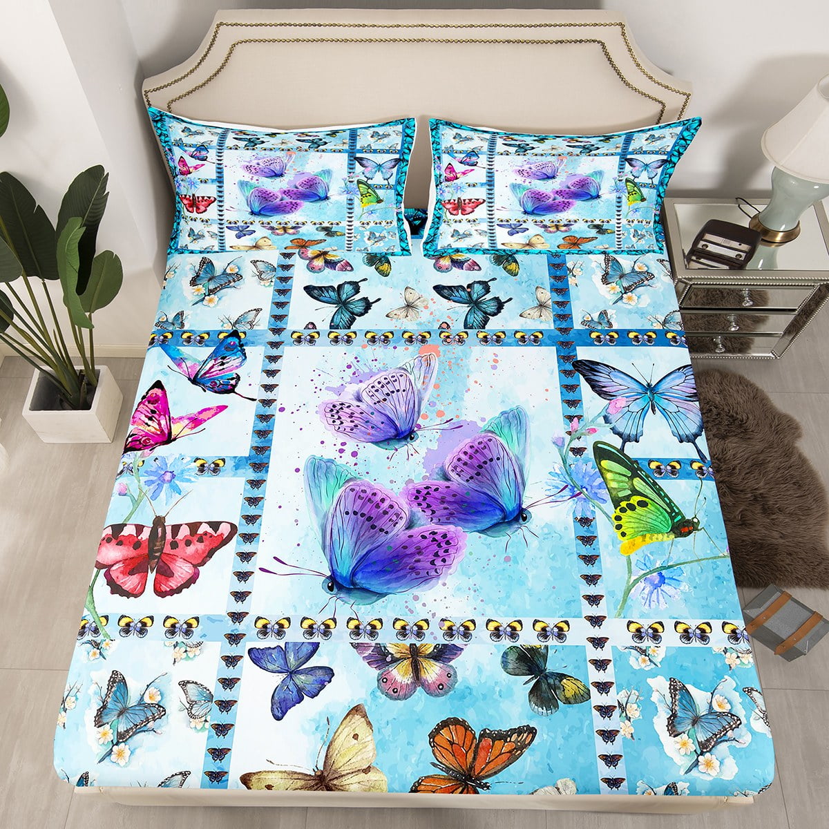 Butterfly Teal Fitted Sheet,Lavender Purple Butterflies Bedding Set ...