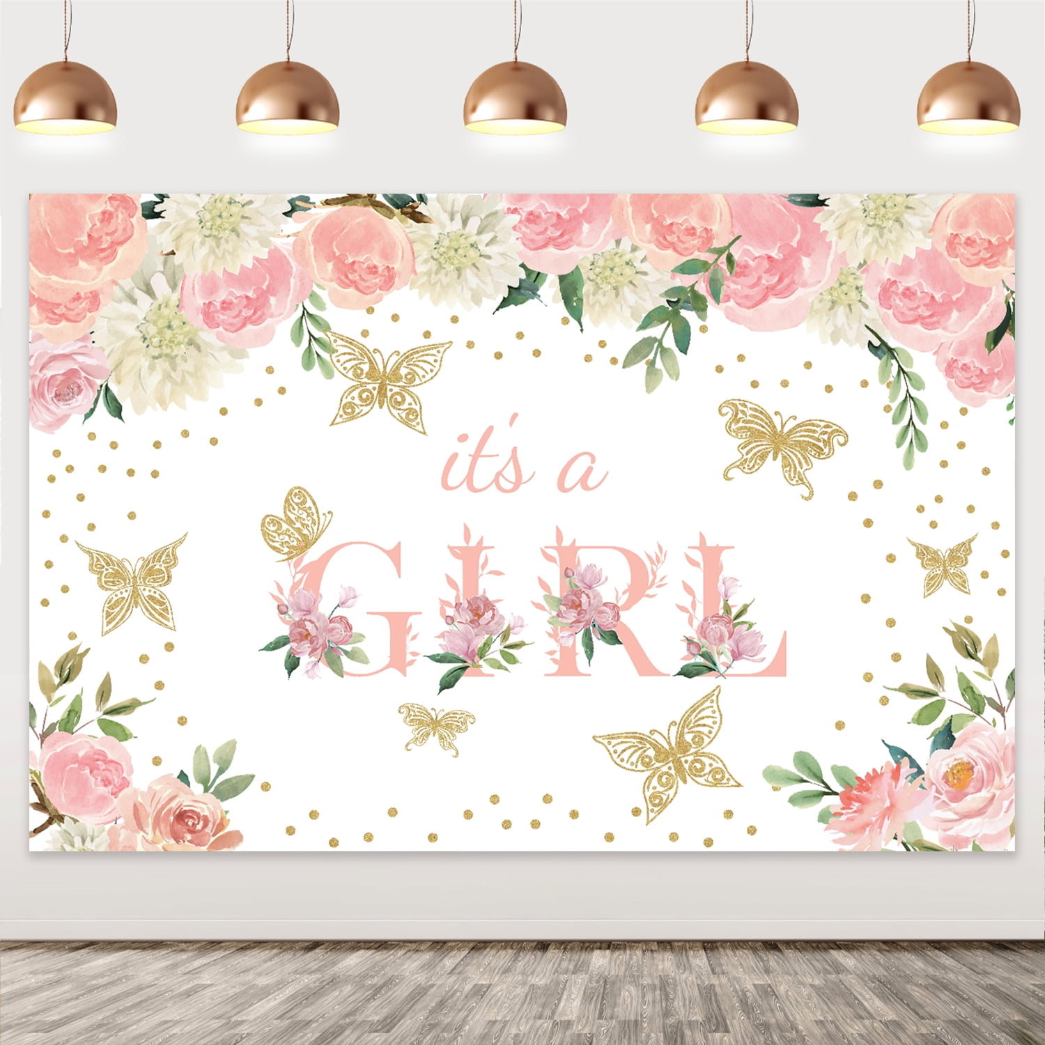 Butterfly Theme Pink Latex Gold Confetti Balloon Backdrop Sticker for ...