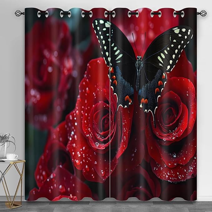 Butterfly Thermal Insulated Drapes, Rose Blackout Curtains, Realistic ...