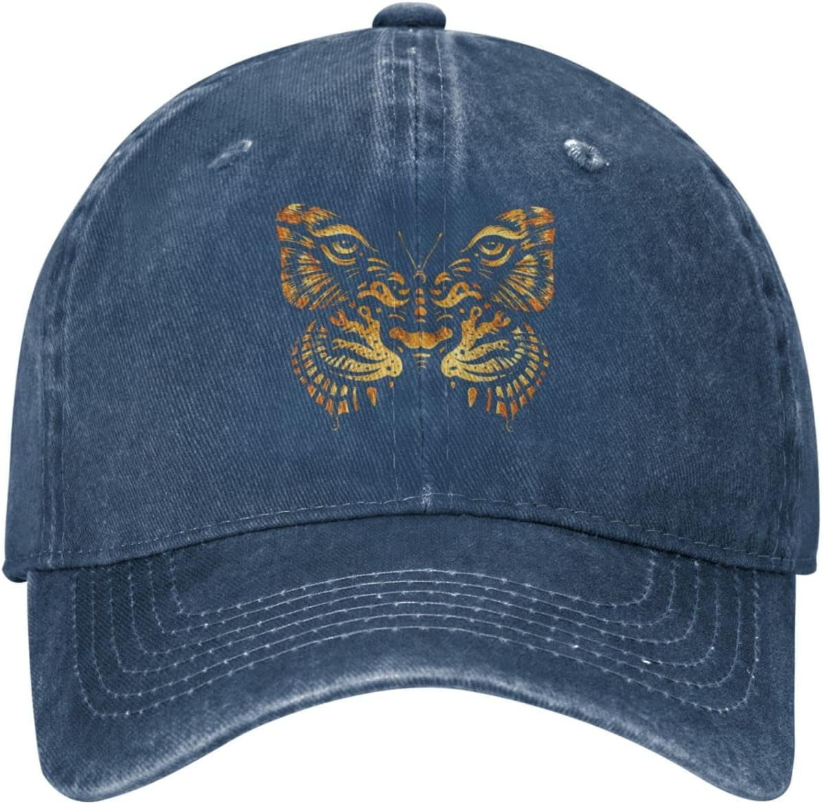 Butterfly Tiger Distressed Adjustable Washed Denim Mens Dad Trucker Hat ...