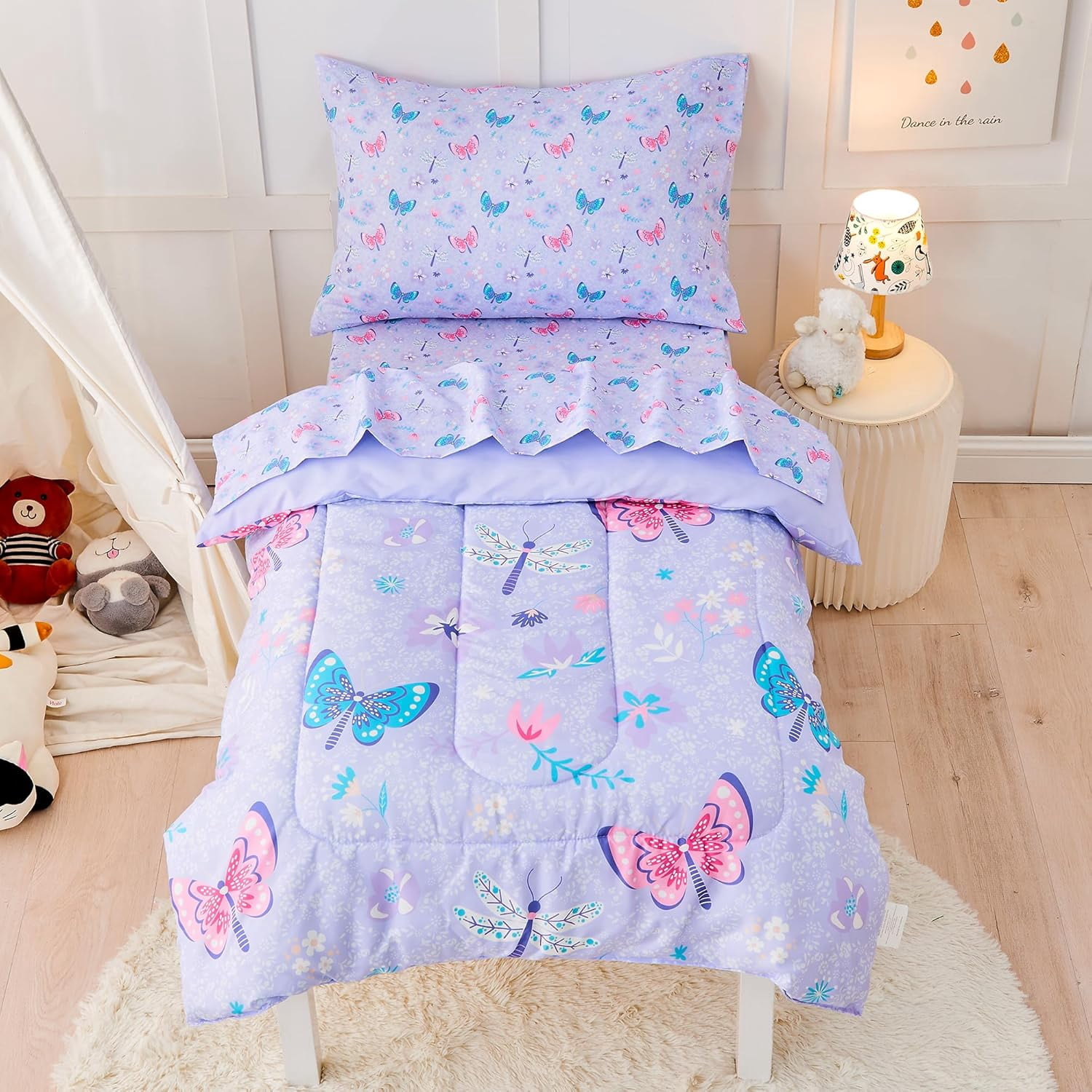 Butterfly Toddler Bedding Set for Girls, 4 Piece Bed-in-a-Bag Toddler ...