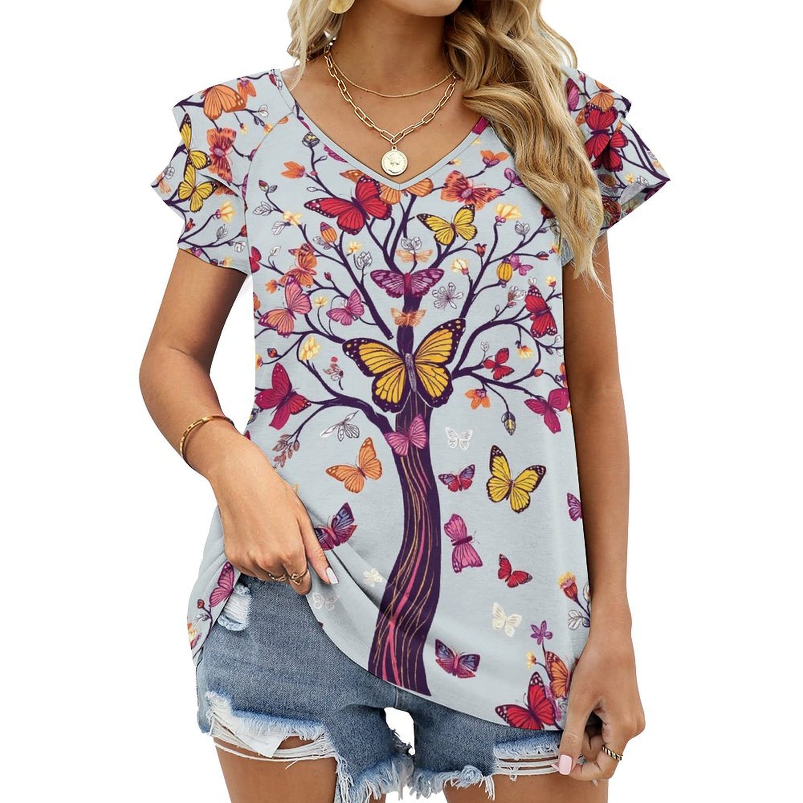 Butterfly Tree Pattern Women Lotus Leaf Neck Short Sleeve Top Female ...