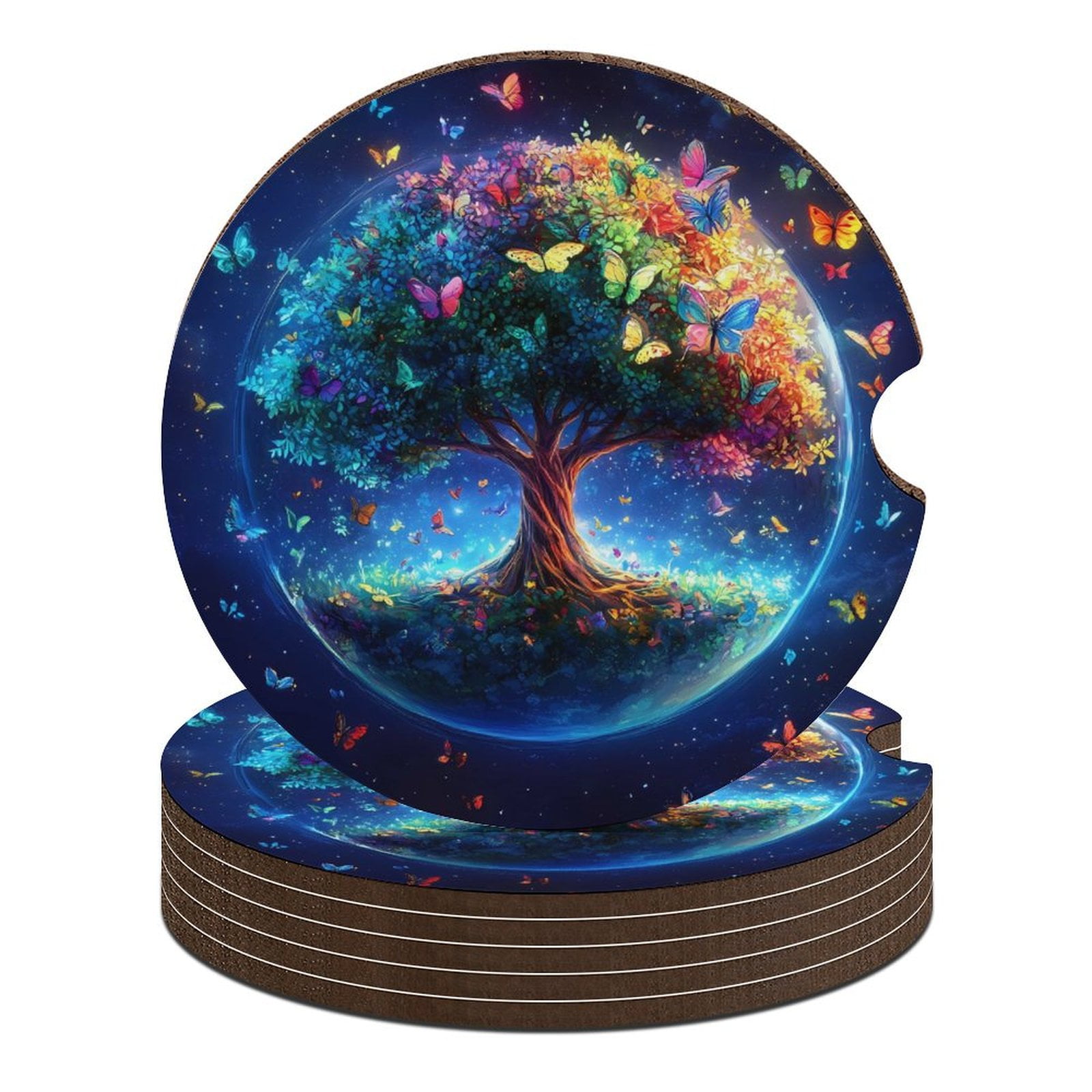 Butterfly Tree of Life Car Coasters for Drinks with A Finger Notch for ...