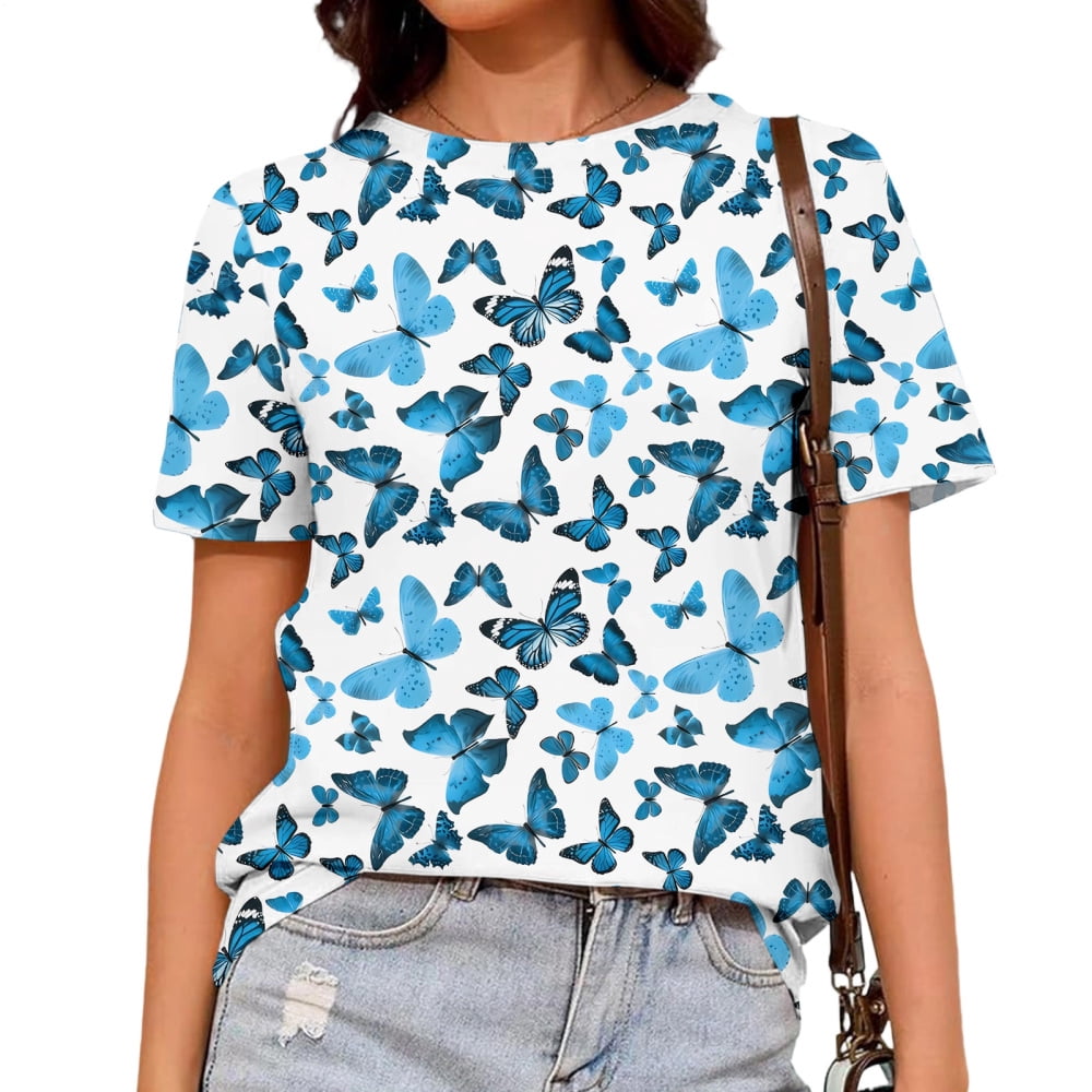 Butterfly Tshirt Women Crew Neck Summer Graphic Tees Loose Fit Printed ...