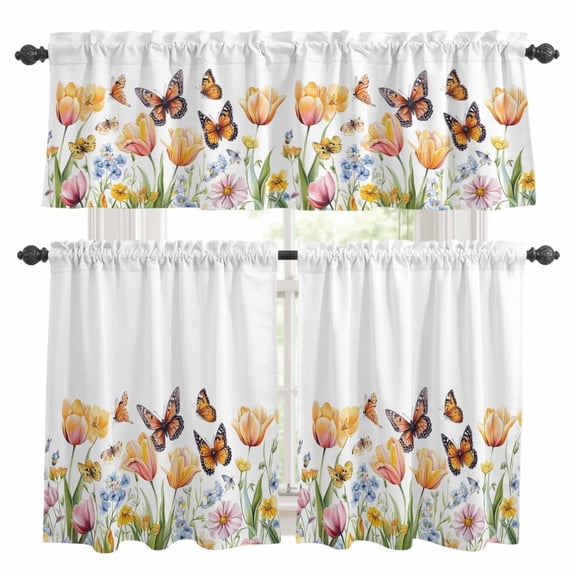 Butterfly Tulip Flowers Kitchen Curtains Set for Windows, Spring Yellow ...