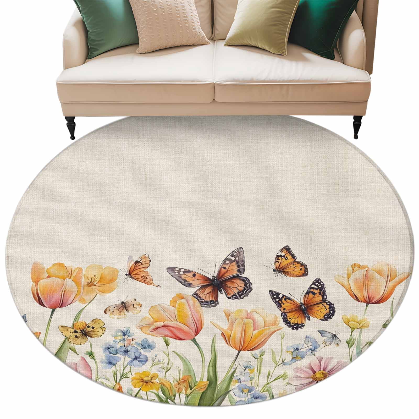 Butterfly Tulip Flowers Round Area Rug 7ft Spring Floral Non-Slip ...