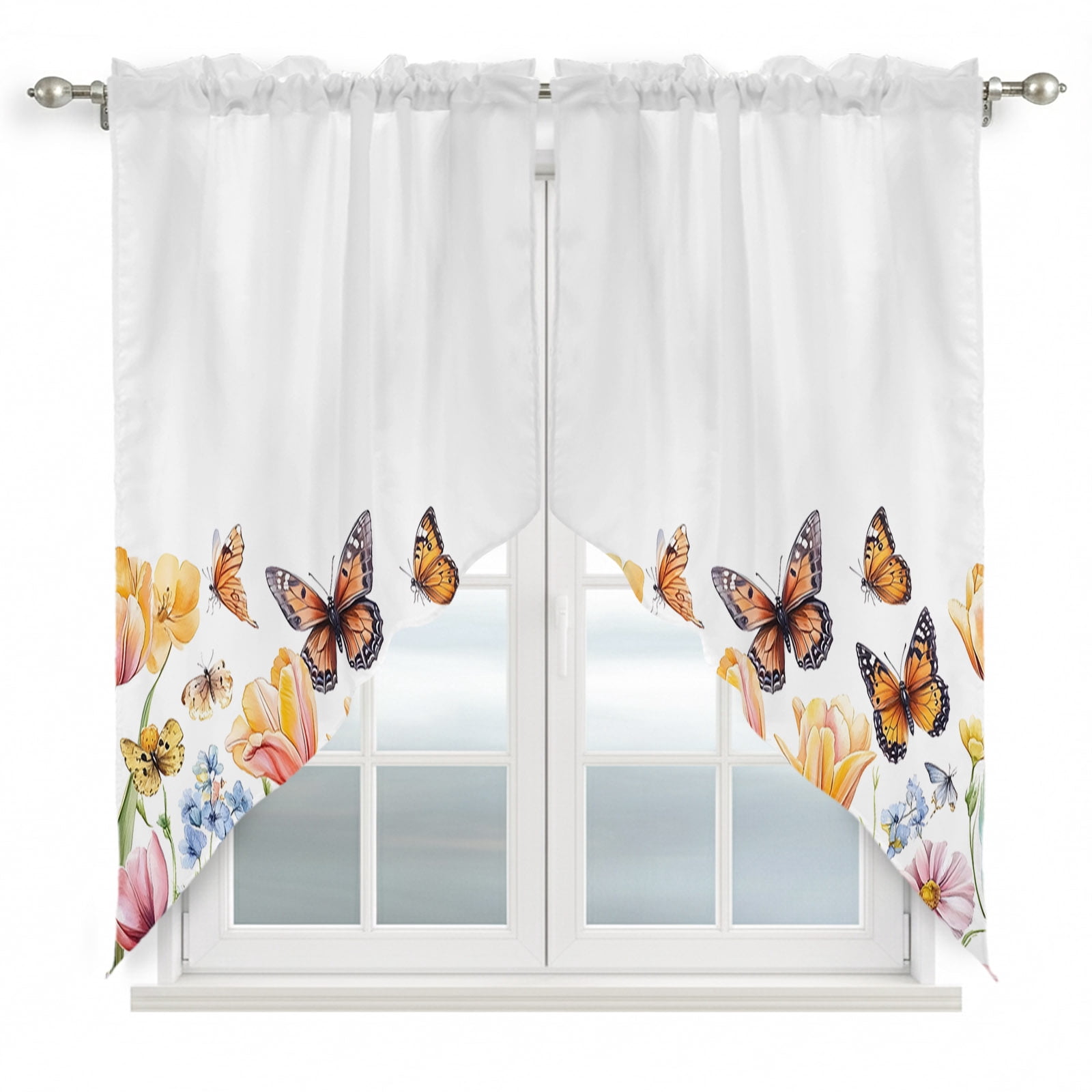 Butterfly Tulip Flowers Swag Curtain Valance for Window 2 Panels Spring ...