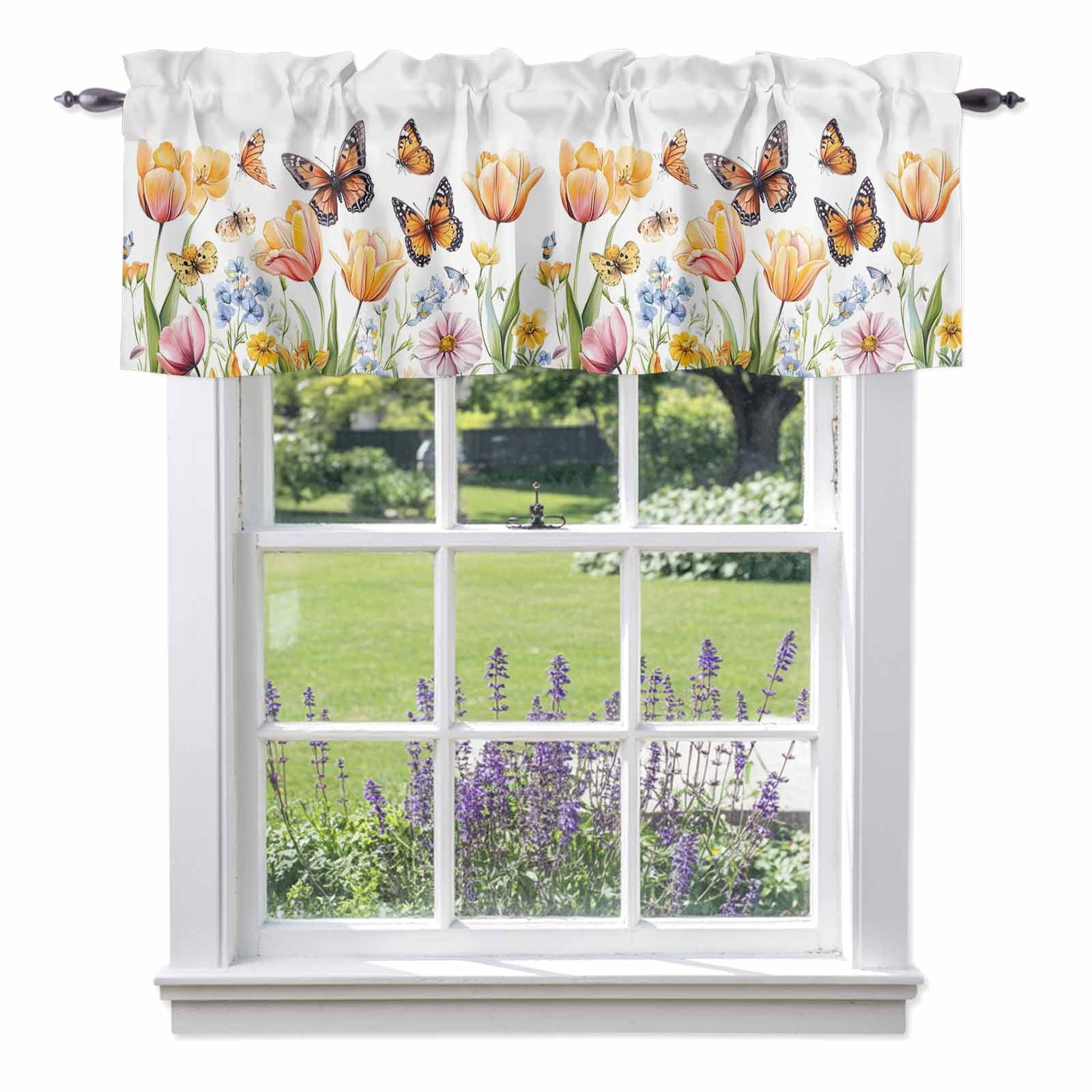 Butterfly Tulip Flowers Valances for Windows Spring Yellow Floral Rod ...