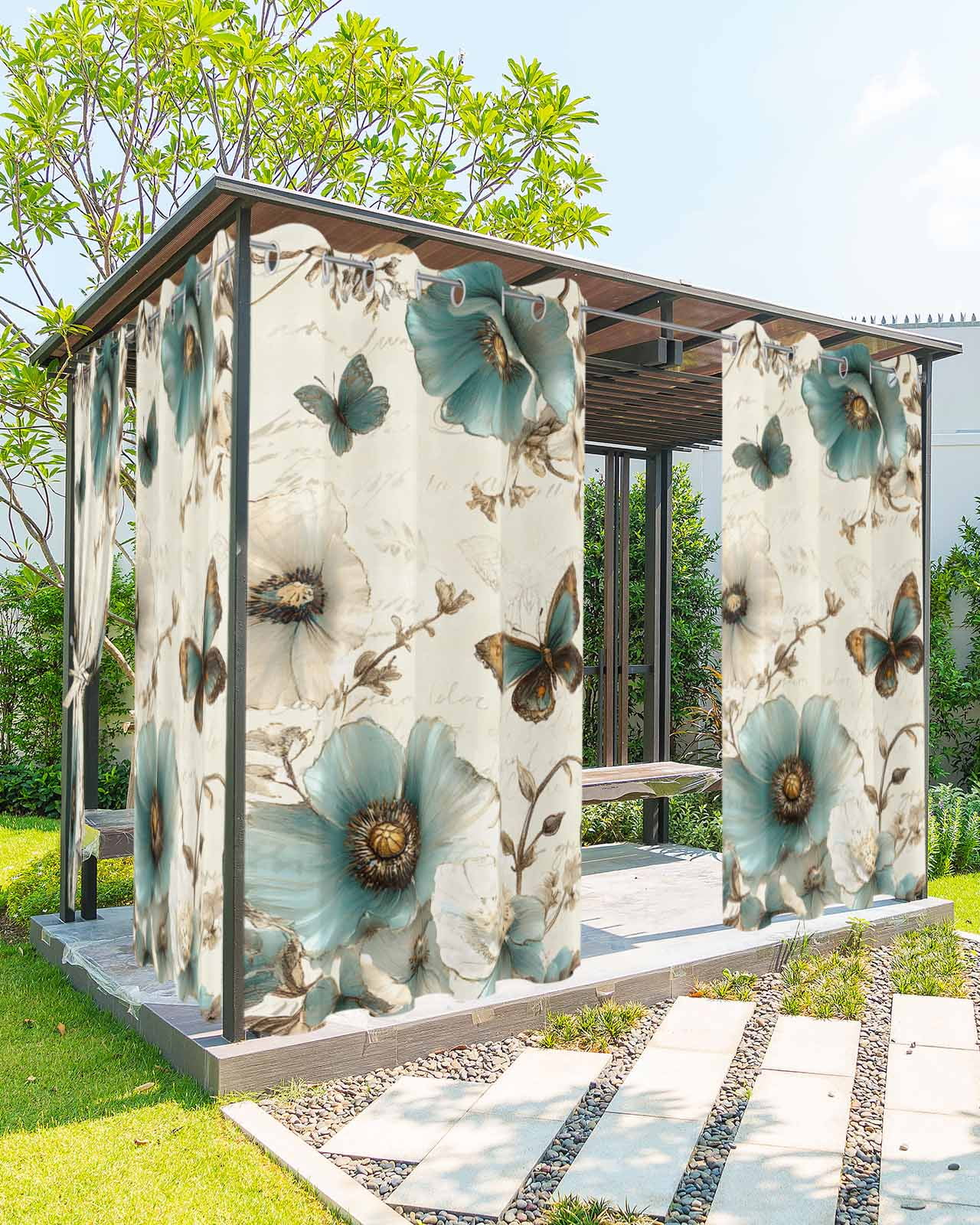 Butterfly Tulip Outdoor Curtains for Patio Waterproof,Teal Vintage ...