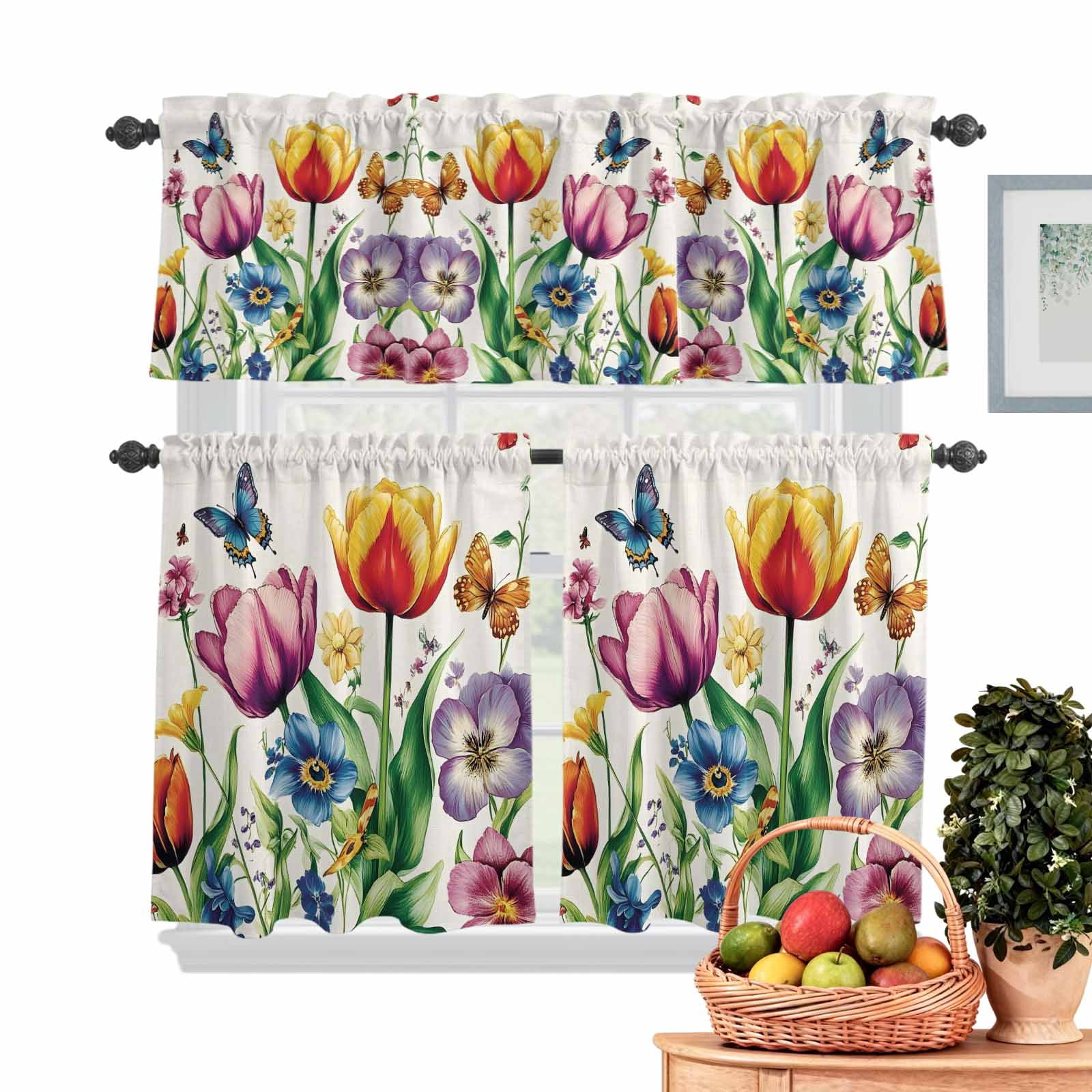 Butterfly Tulips Kitchen Curtains Valances 3 Piece Set, Spring Flower ...