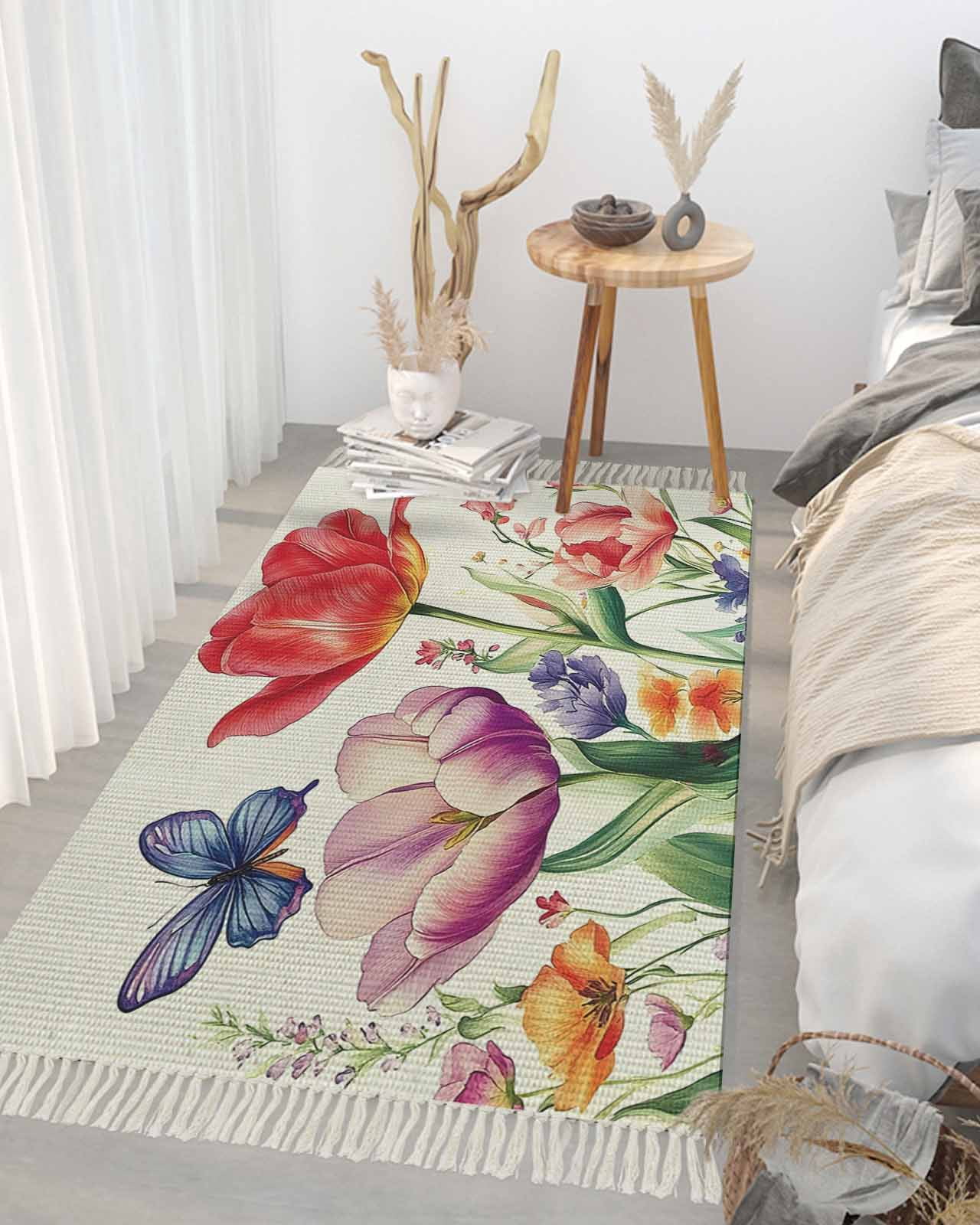 Butterfly Tulips Runner Rug for Hallway 3x5ft, Spring Flower Washable ...
