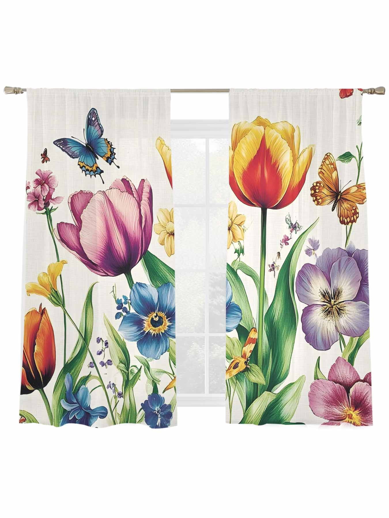 Butterfly Tulips Sheer Curtains 2 Panels Set Spring Flower Sheer Window ...