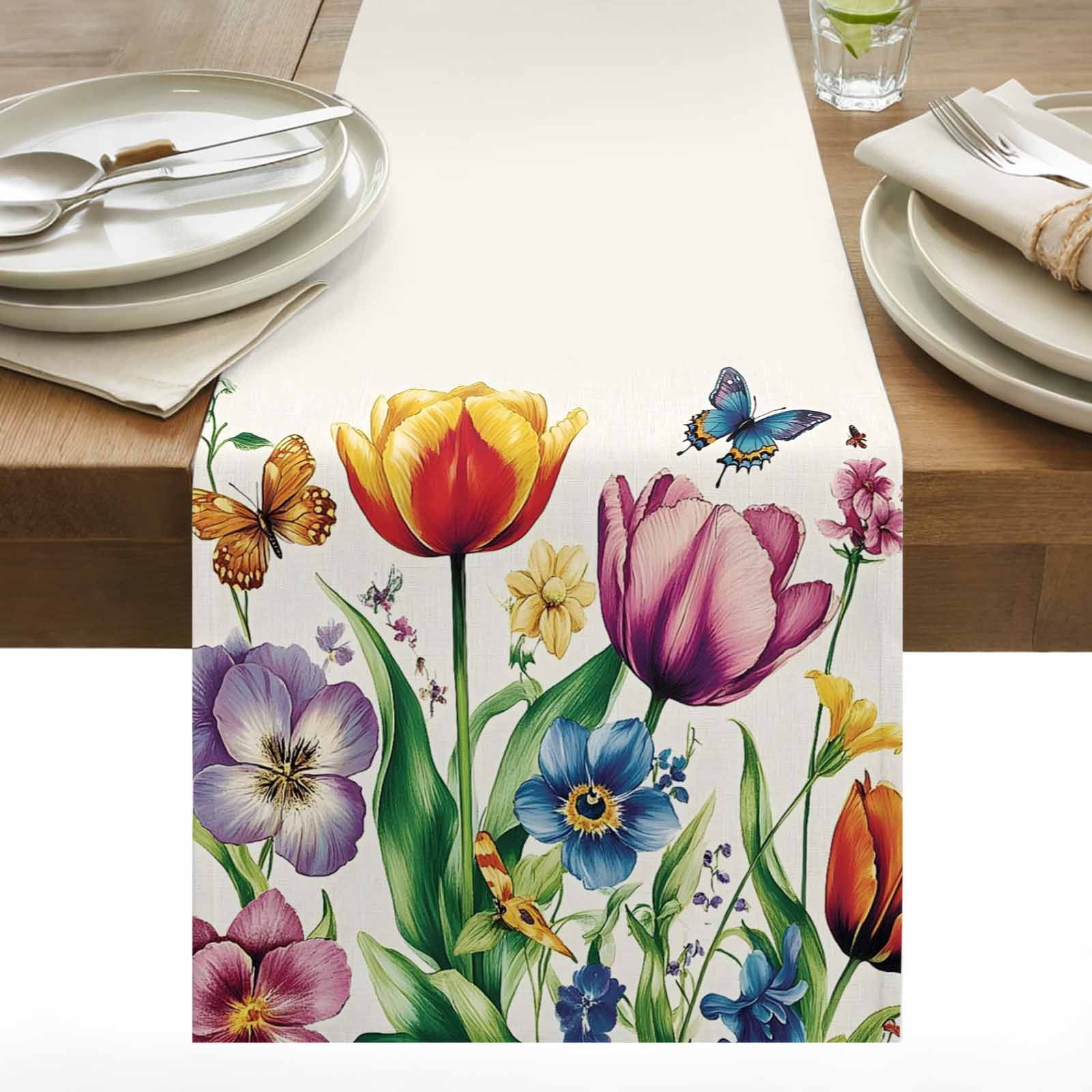 Butterfly Tulips Table Runner 13x90 inch Spring Flower Cotton Linen ...