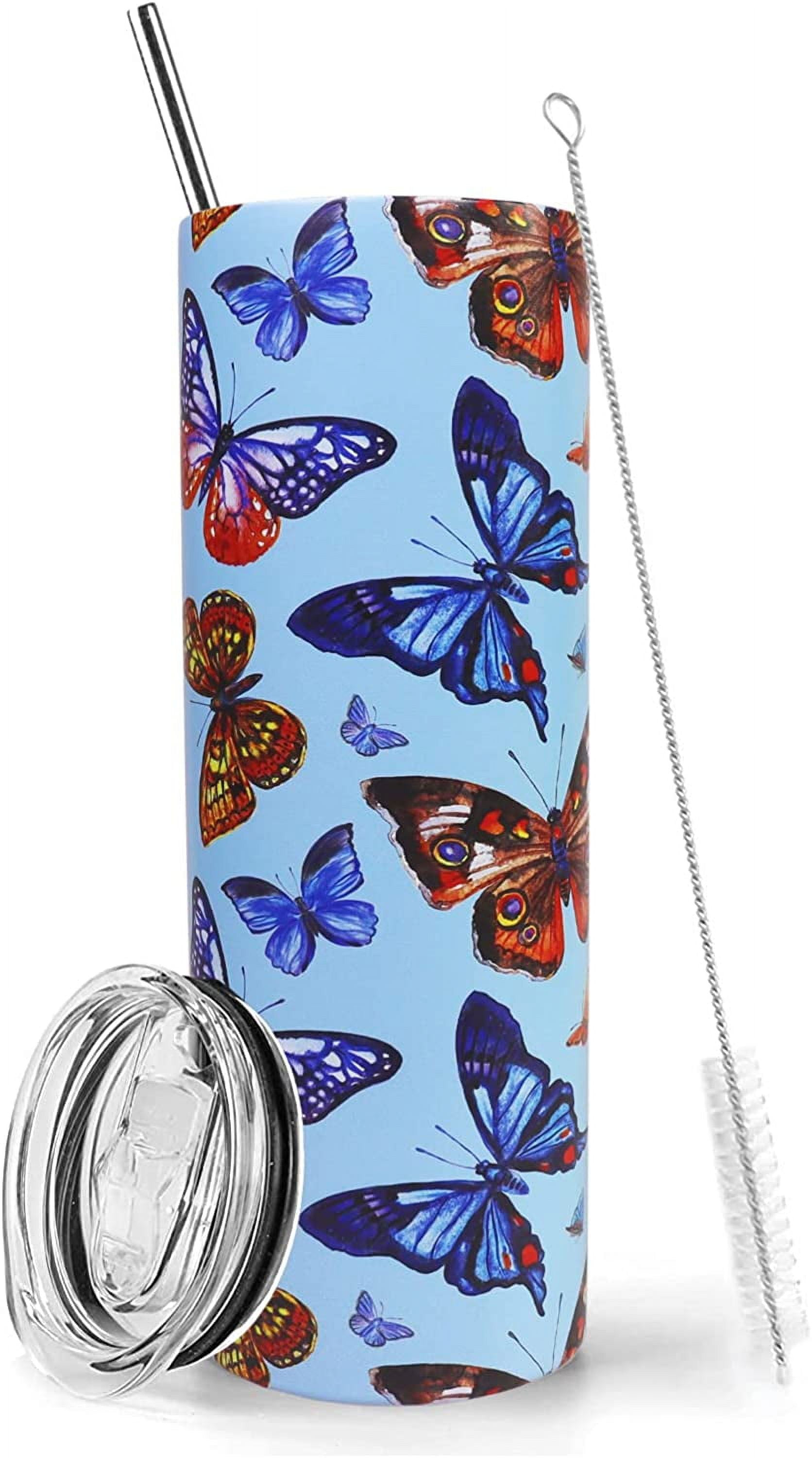 Butterfly Tumbler With Lid and Straw 20 oz Insulated Blue Butterfly ...