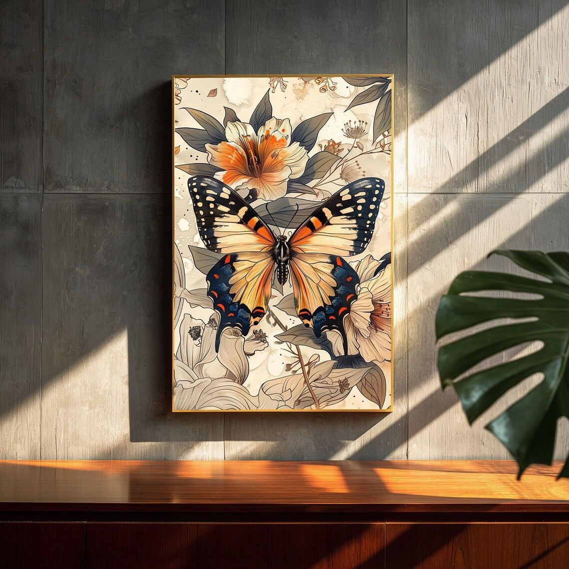 Butterfly Wall Art with Vintage Floral Design Elegant Botanical Nature ...