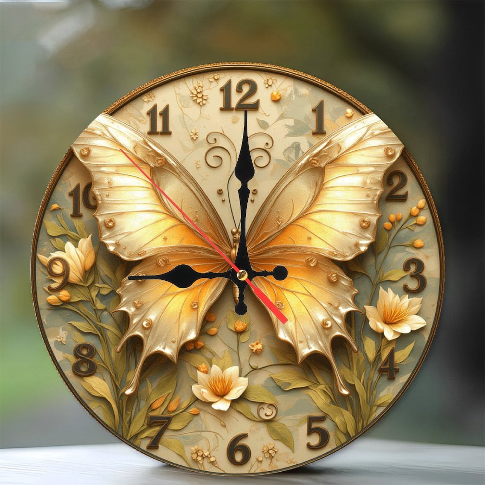 Butterfly Wall Clock with Gold Butterfly Design 10-Inch Silent Wooden ...