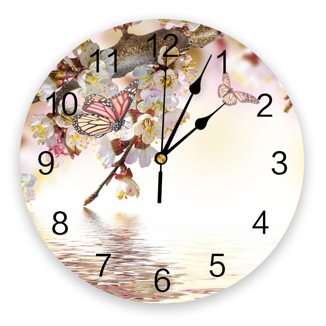 Butterfly Water Wave Pink Flower Round Wall Clock Hanging Silent Time ...