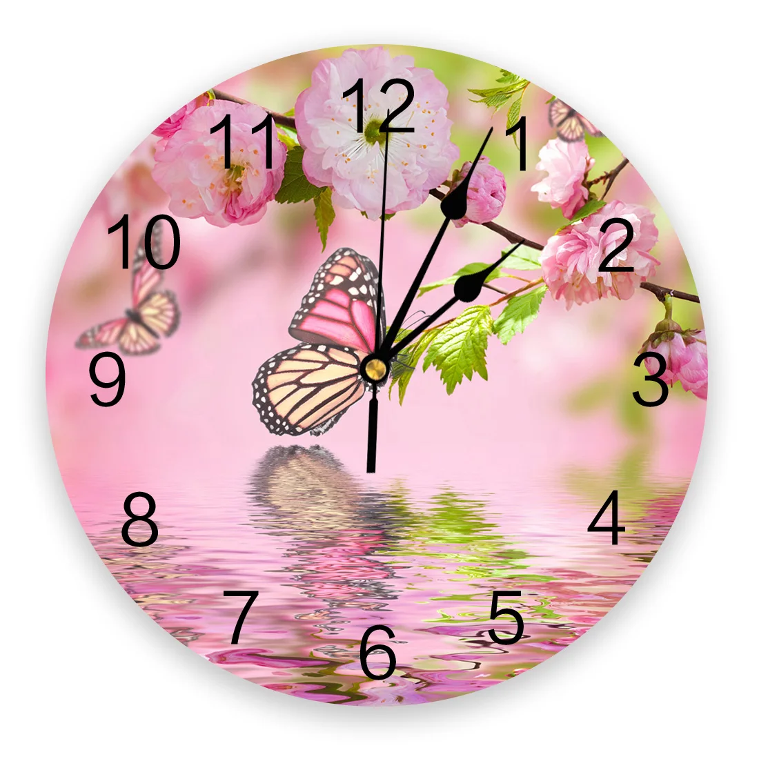 Butterfly Water Wave Pink Flower Round Wall Clock Hanging Silent Time ...