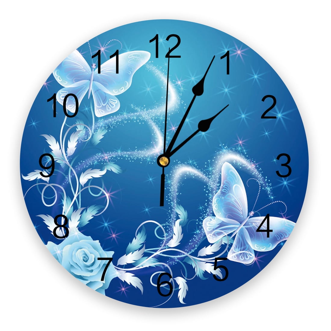 Butterfly Water Wave Pink Flower Round Wall Clock Hanging Silent Time ...