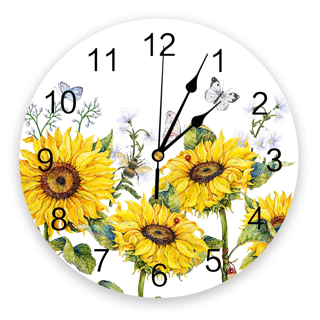 Butterfly Water Wave Pink Flower Round Wall Clock Hanging Silent Time ...