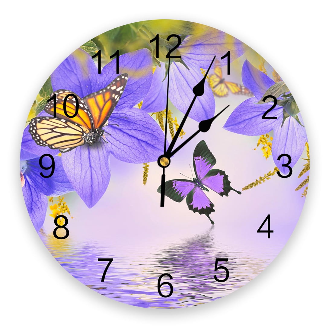 Butterfly Water Wave Pink Flower Round Wall Clock Hanging Silent Time ...