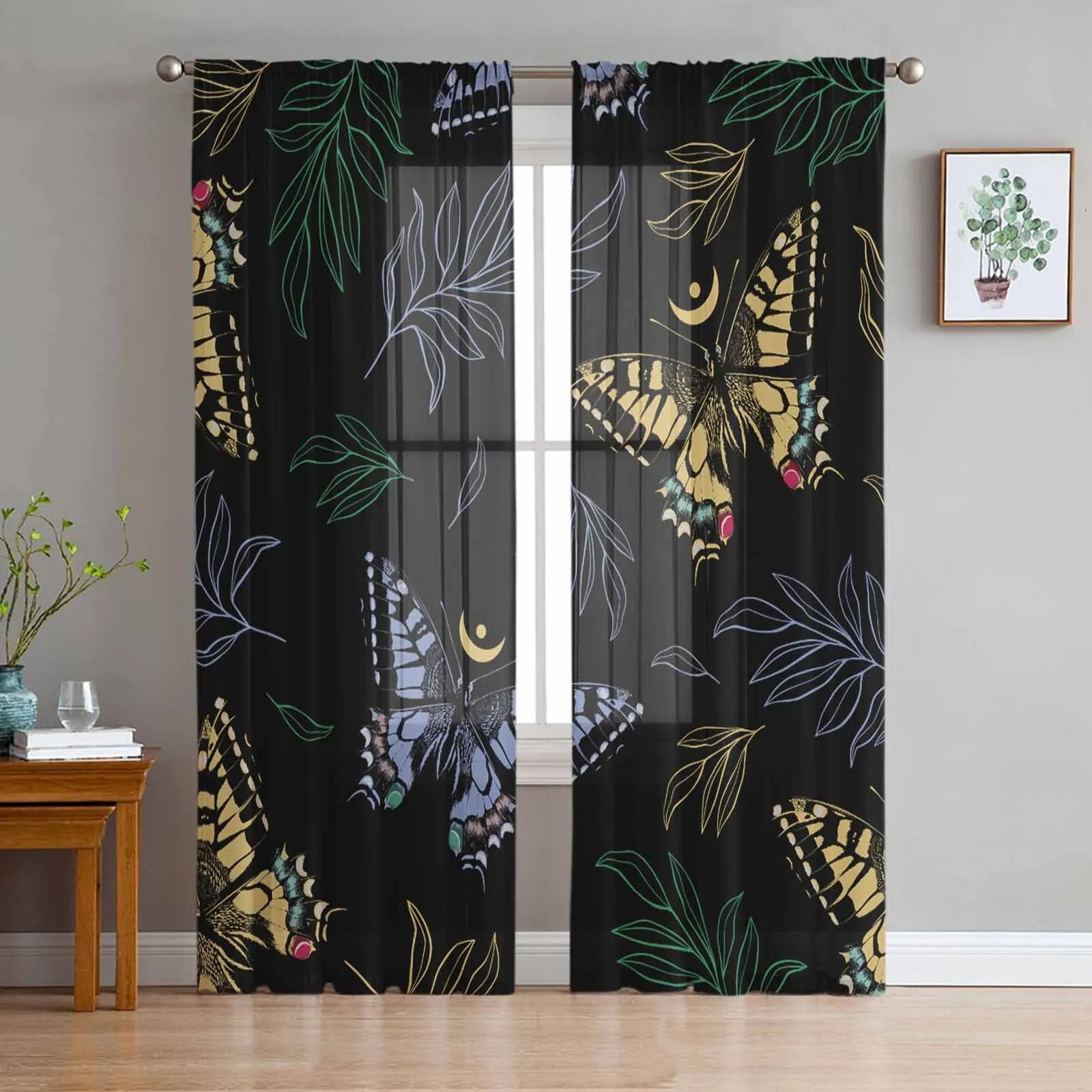 Butterfly Watercolor Plant Vintage Voile Curtains for Bedroom Window ...