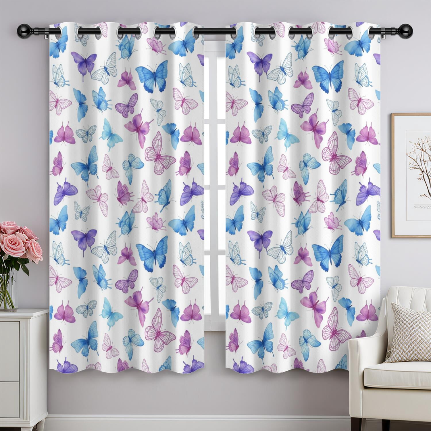 Butterfly and Watercolor Purple Pattern Blackout Curtains,Triple Weaved ...