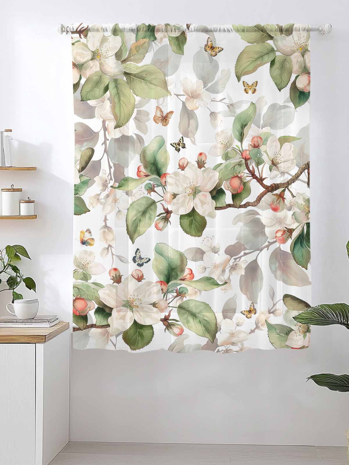 Butterfly White Sheer Curtains 72 Inch Long 1 Panel Flowers Green ...