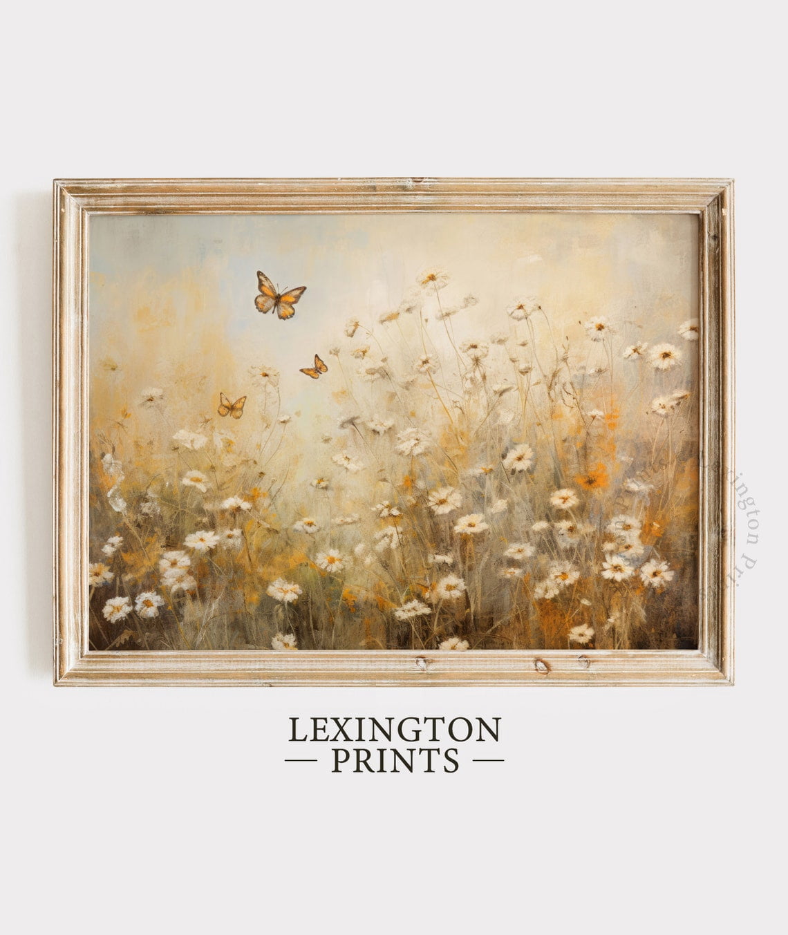 Butterfly Wildflower Field Landscape Vintage Painting Warm Spring Print ...