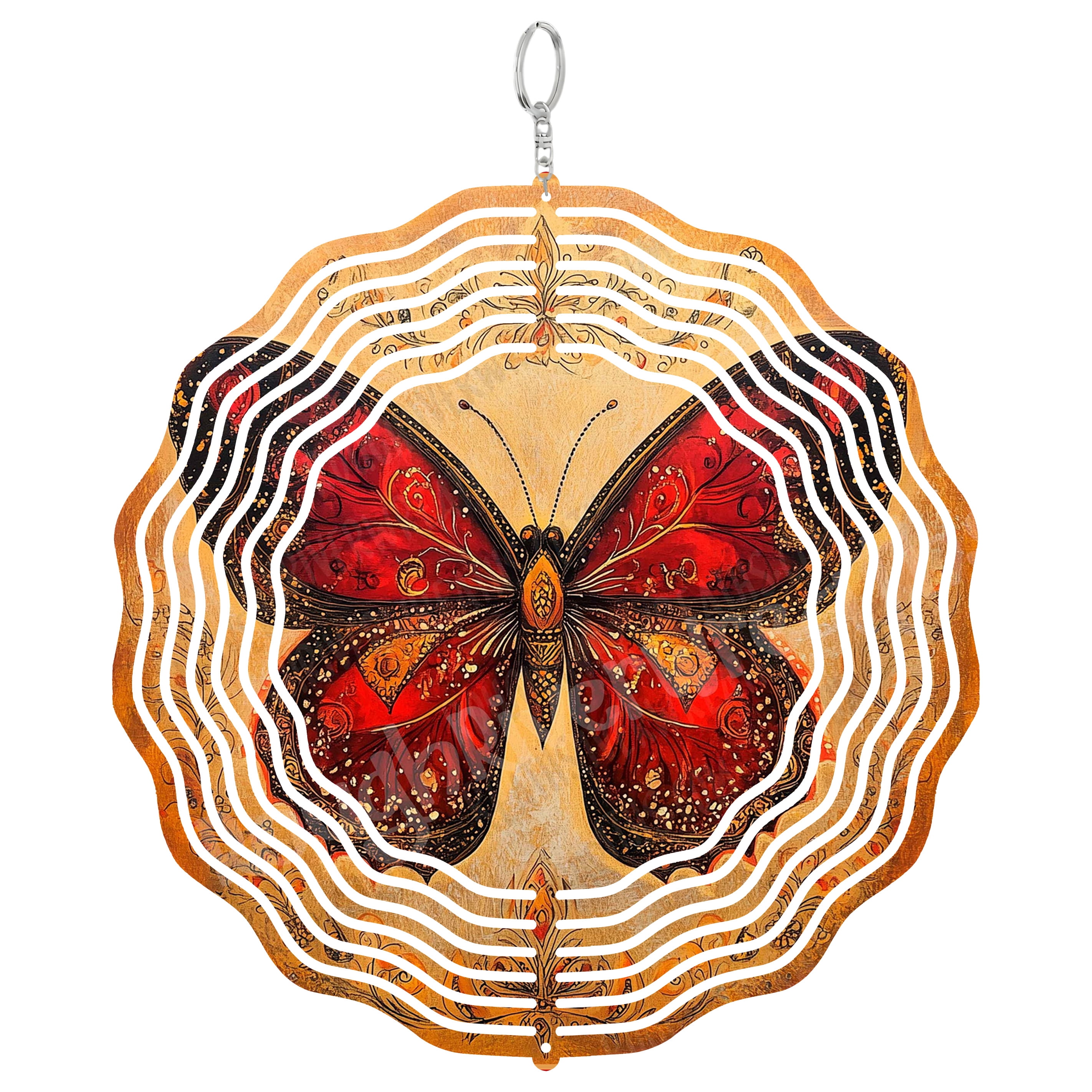 Butterfly Wind Spinner Metal Outdoor Decor Ornate Art Style Red Gold ...