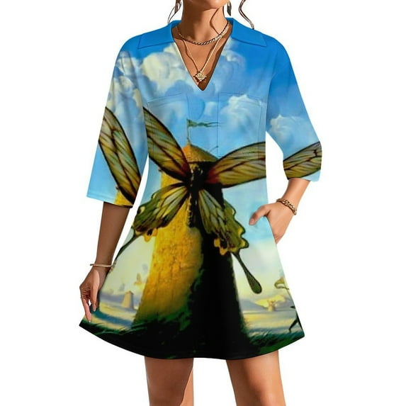Butterfly Windmill Womens Dress With Pockets Summer V Neck 3/4 Sleeve ...