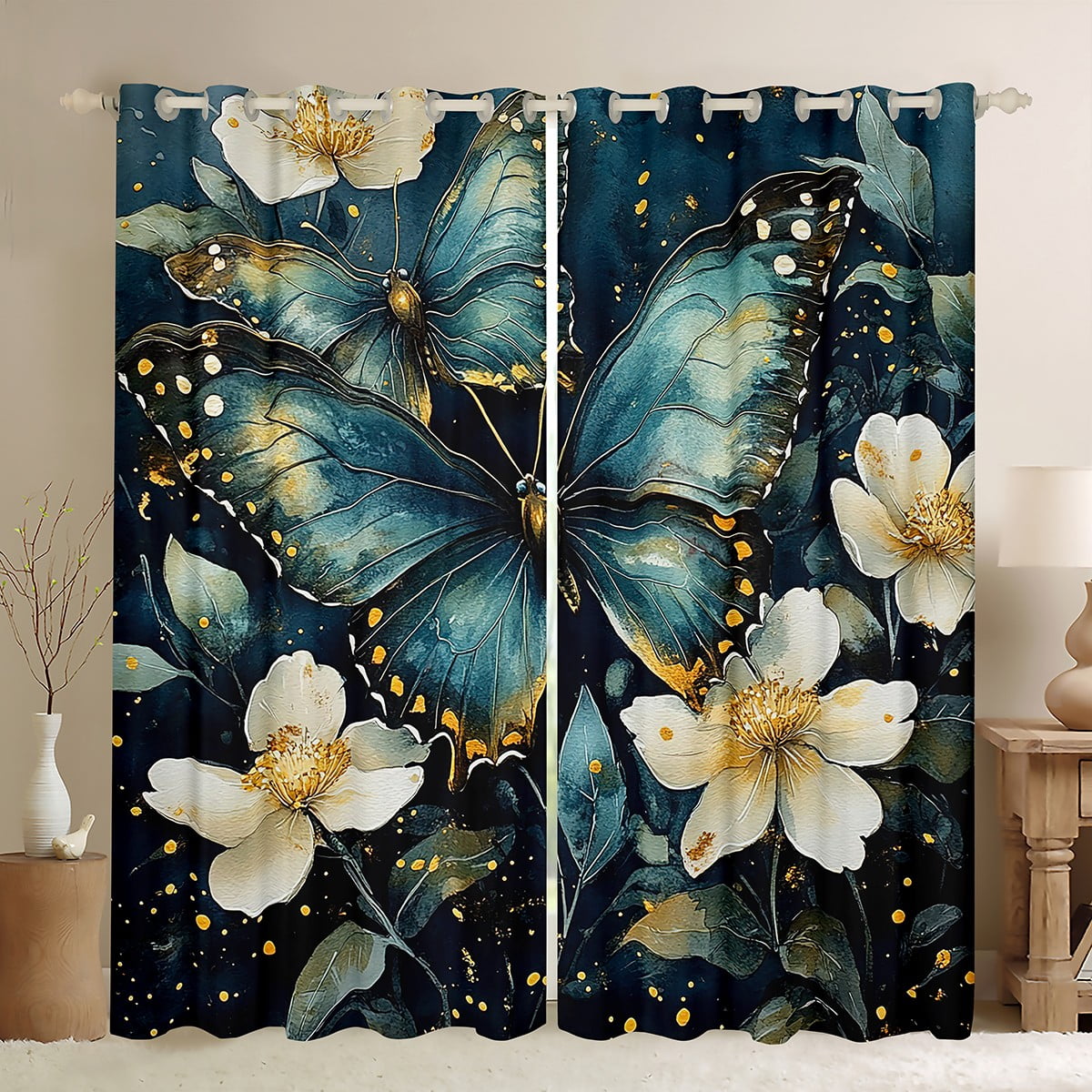 Butterfly Window Curtain Set of 2 Panels,Watercolor Green Butterfly ...