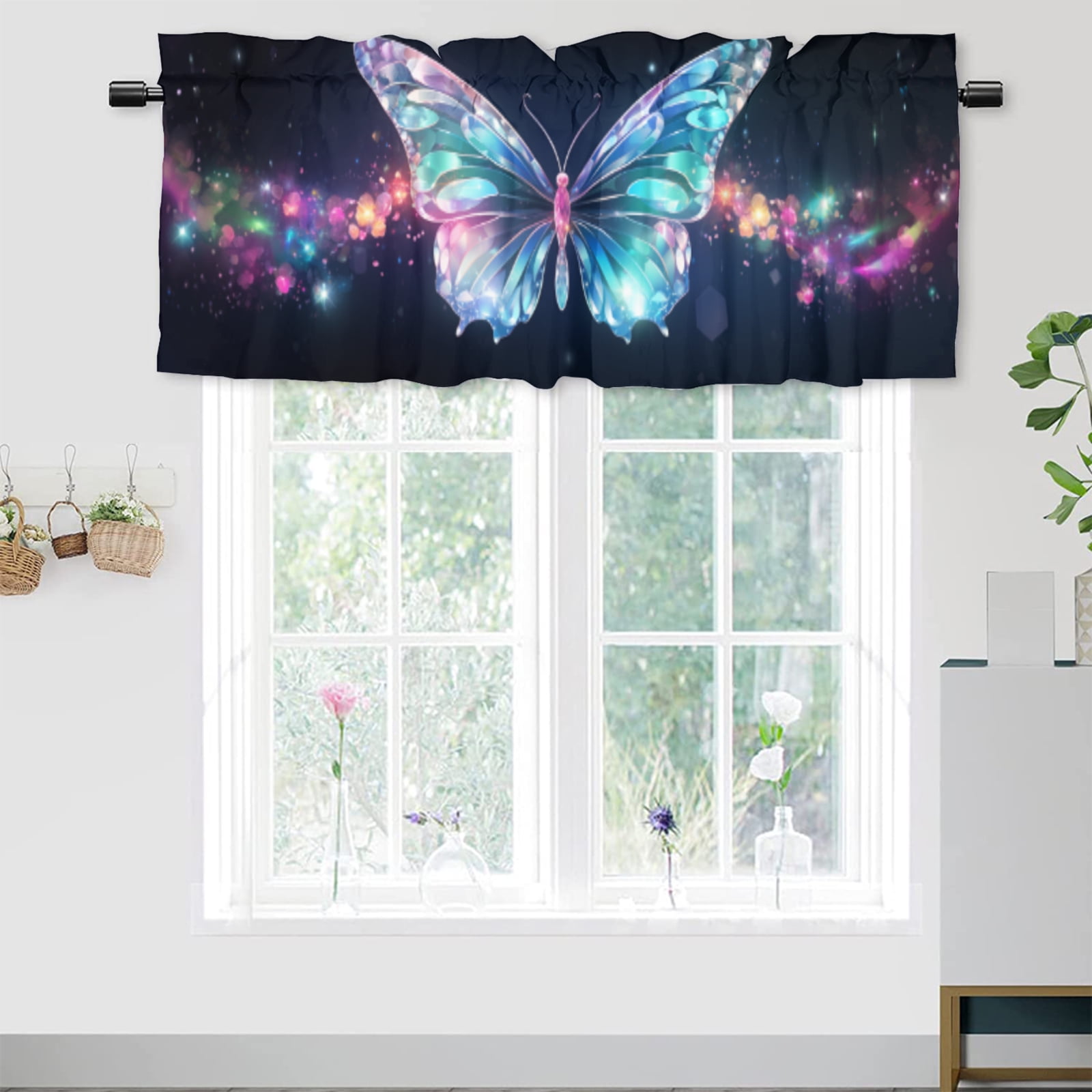 Butterfly Window Curtain Valances Purple Floral Flower Wings Fantasy ...