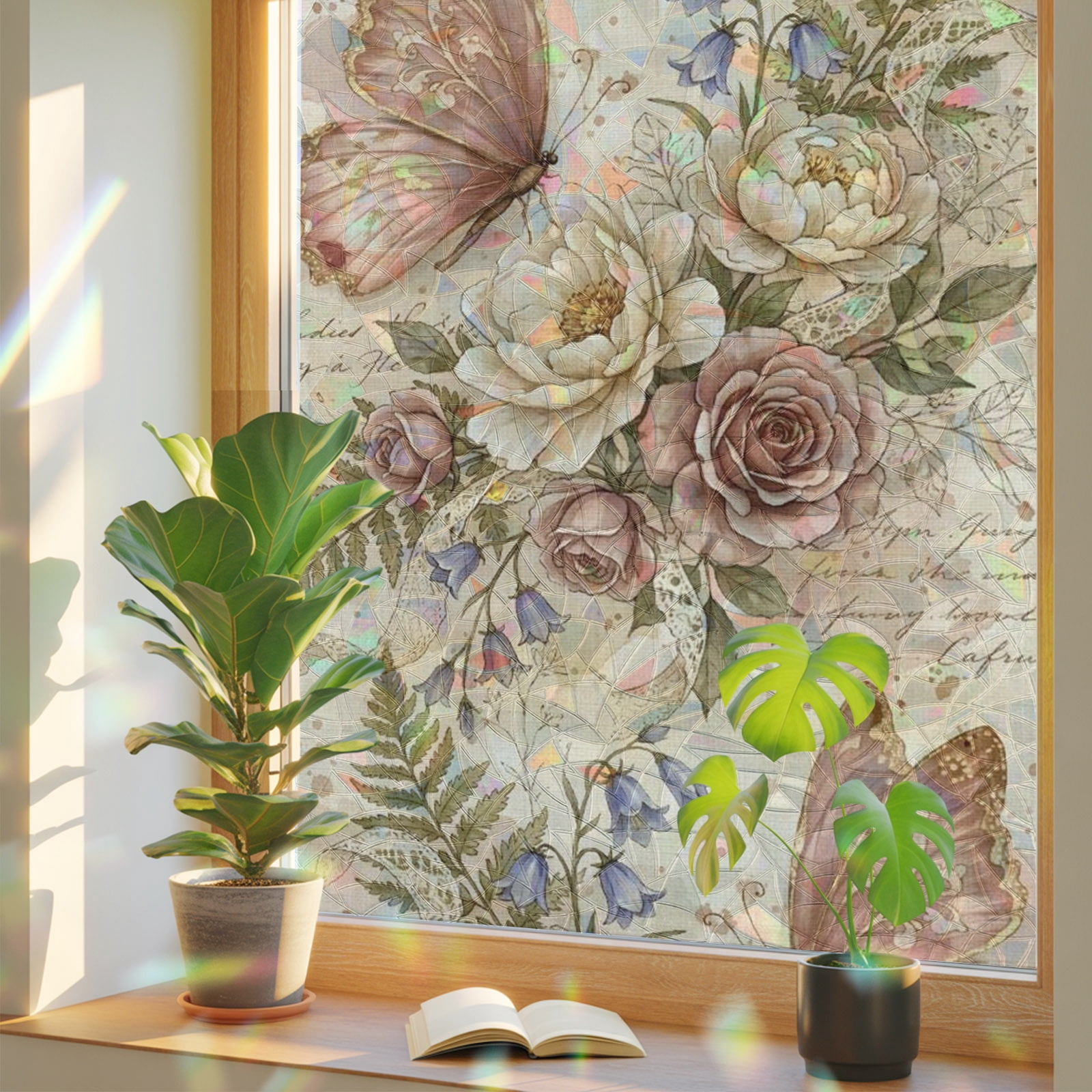 Butterfly Window Privacy Film, Roses Lavender Ferns French Countryside ...