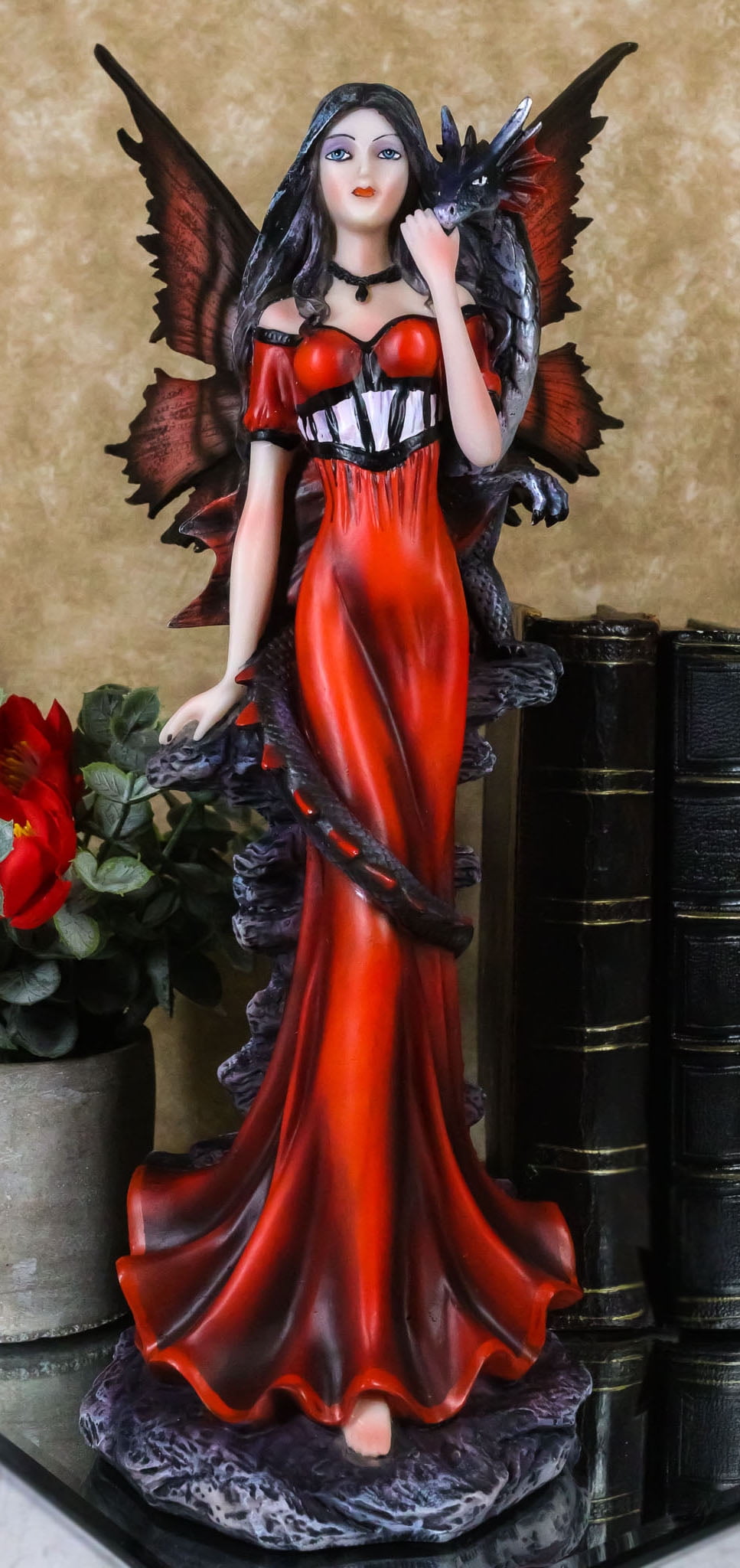 Butterfly Winged Elf Fairy In Red Evening Gown With Midnight Dragon ...