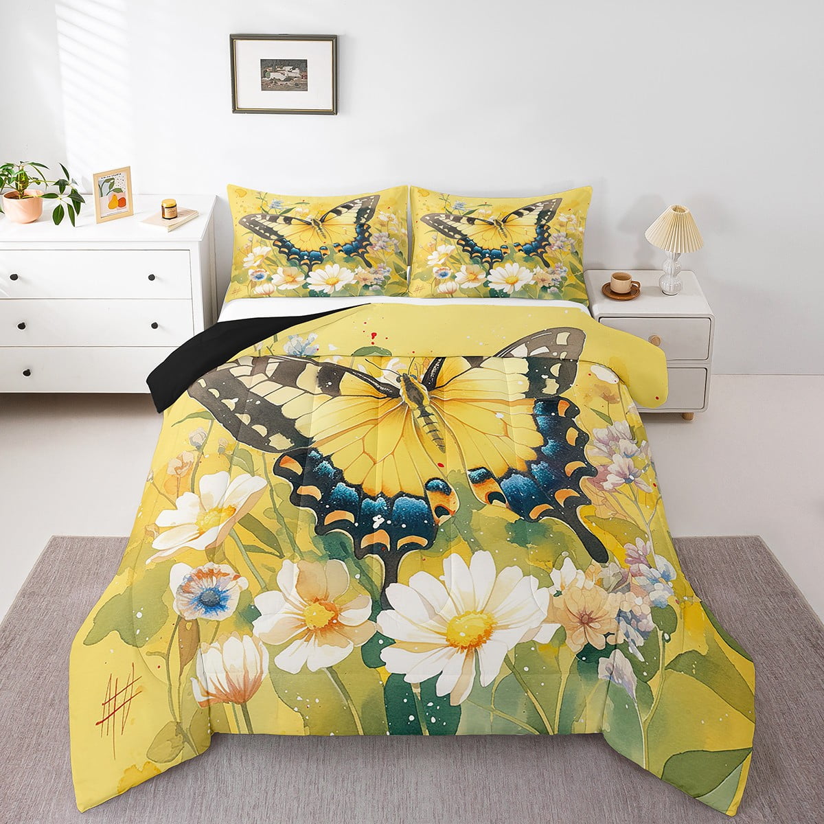 Butterfly Yellow Comforter Set,Dreamy Garden Animal Aesthetic Bedding ...