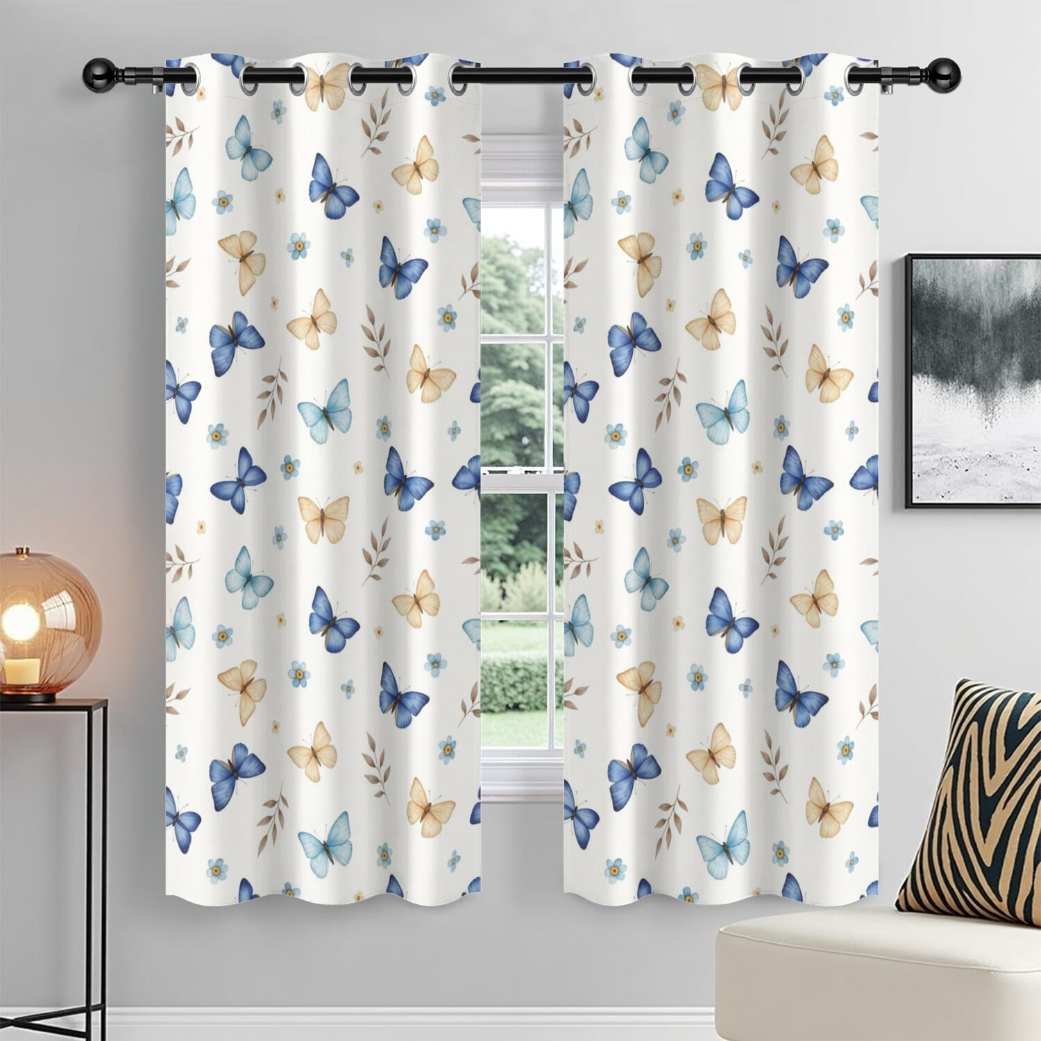 Butterfly and Blue Beige Pattern Blackout Curtains,Triple Weaved Fabric ...