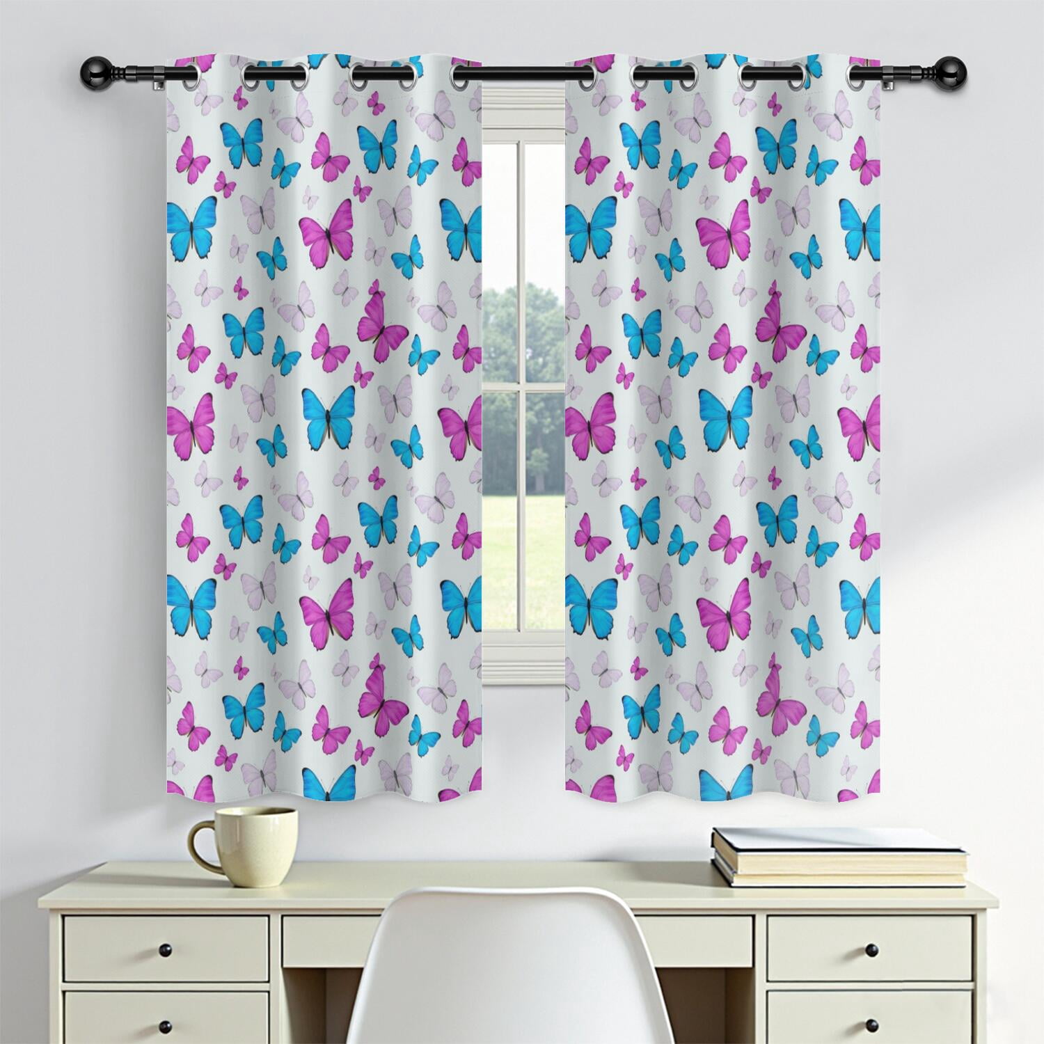 Butterfly and Blue Pink Pattern Blackout Curtains,Triple Weaved Fabric ...