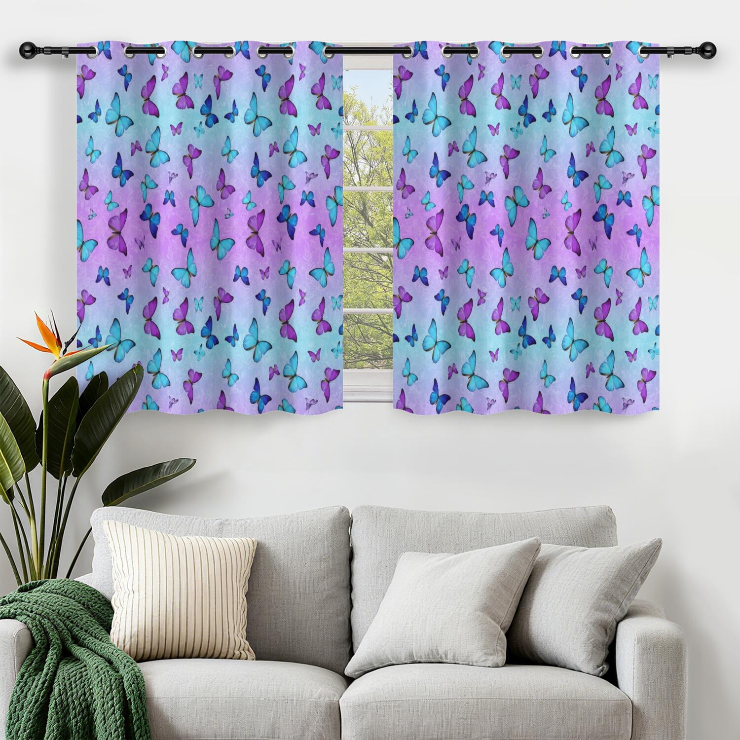 Butterfly and Blue Purple Pattern Blackout Curtains,Triple Weaved ...