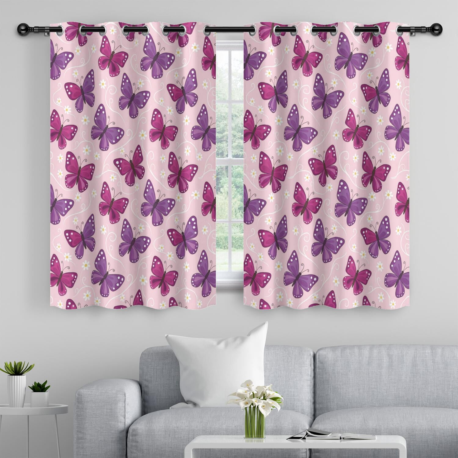 Butterfly and Daisy Pink Pattern Blackout Curtains,Triple Weaved Fabric ...