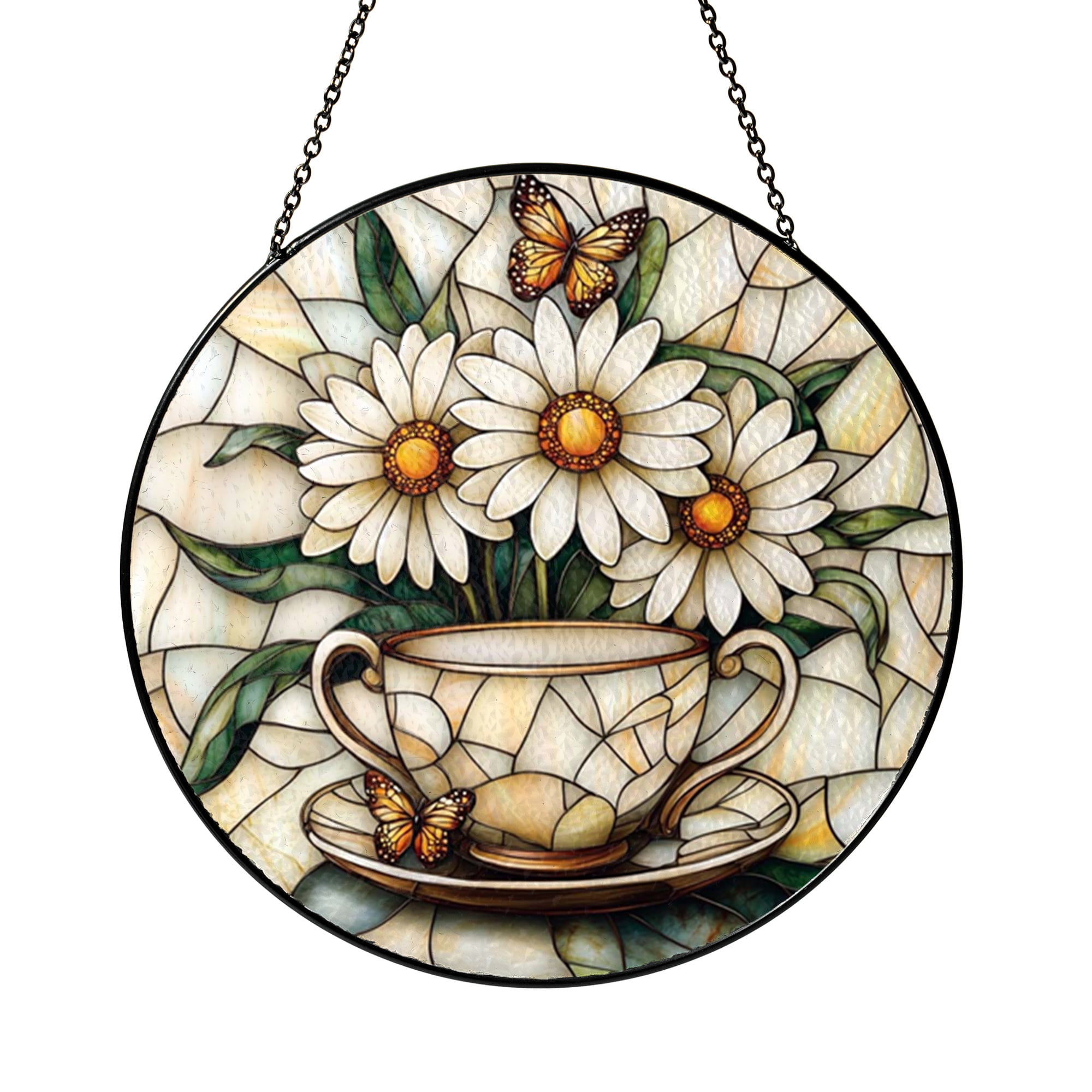 Butterfly and Daisy Teacup Glass Suncatcher Window Decor, Stained Glass ...