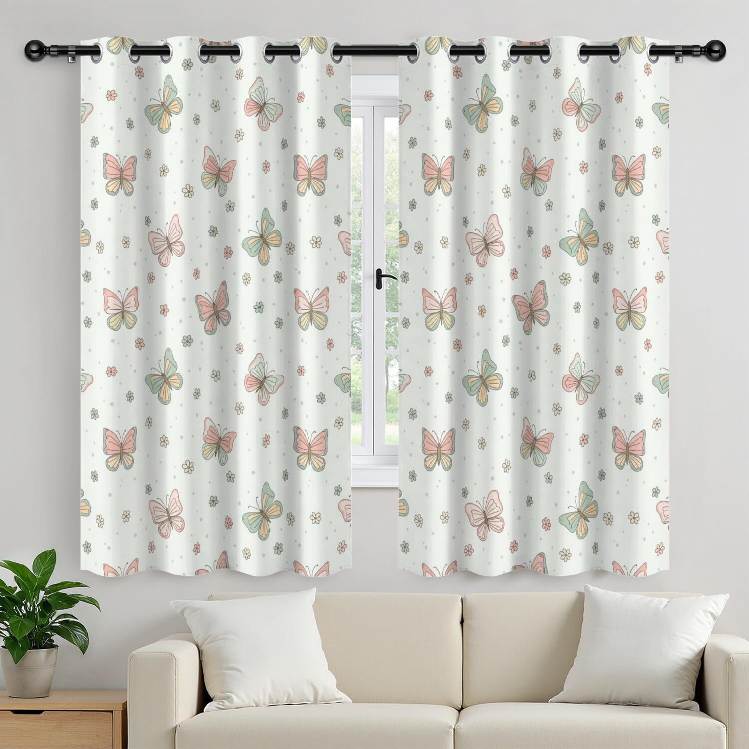 Butterfly and Ditsy Pink Pattern Blackout Curtains,Triple Weaved Fabric ...