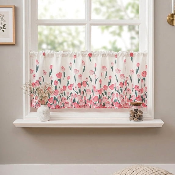 Butterfly and Floral Print Valance Curtain, Rod Pocket Light Filtering ...