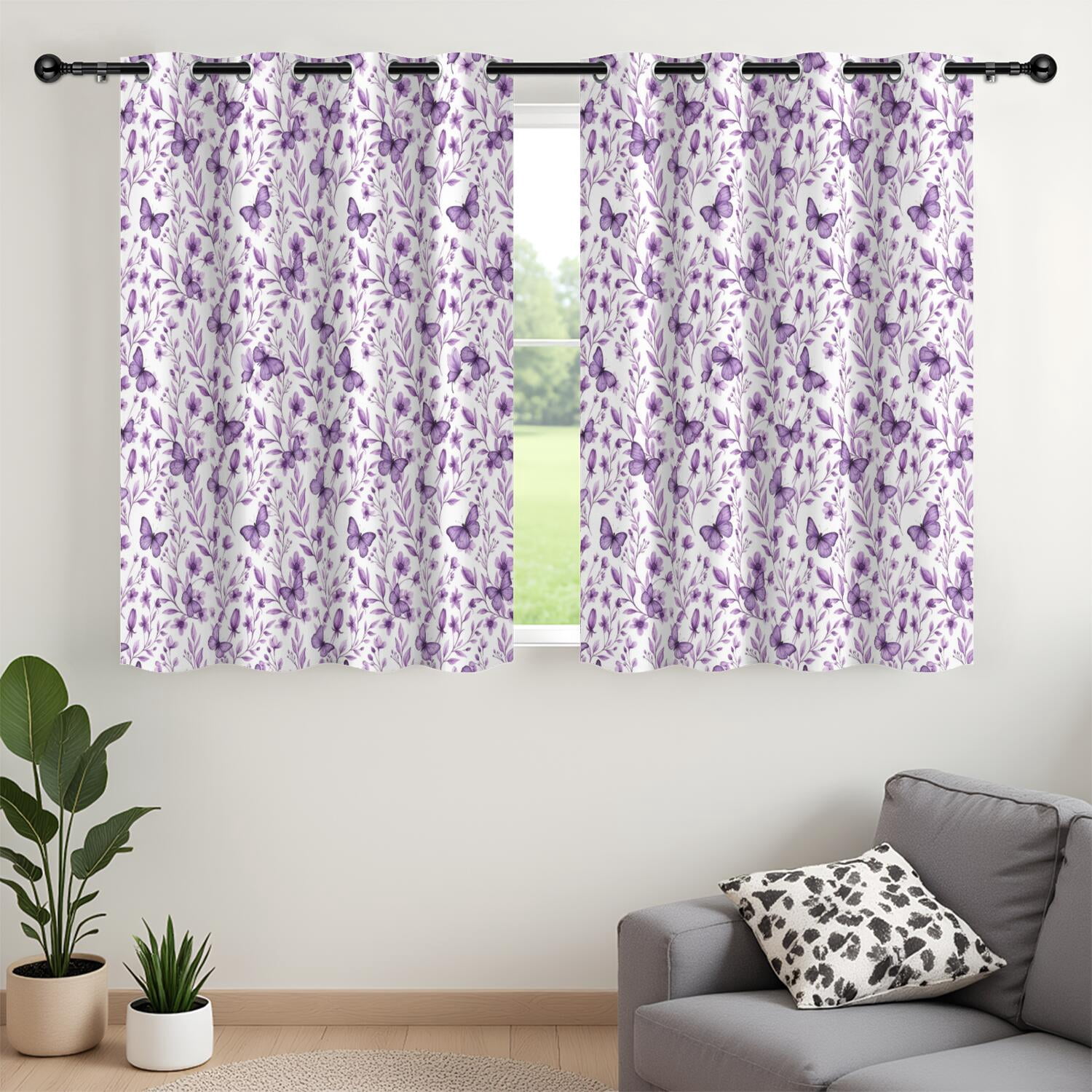 Butterfly and Floral Purple Pattern Blackout Curtains,Triple Weaved ...
