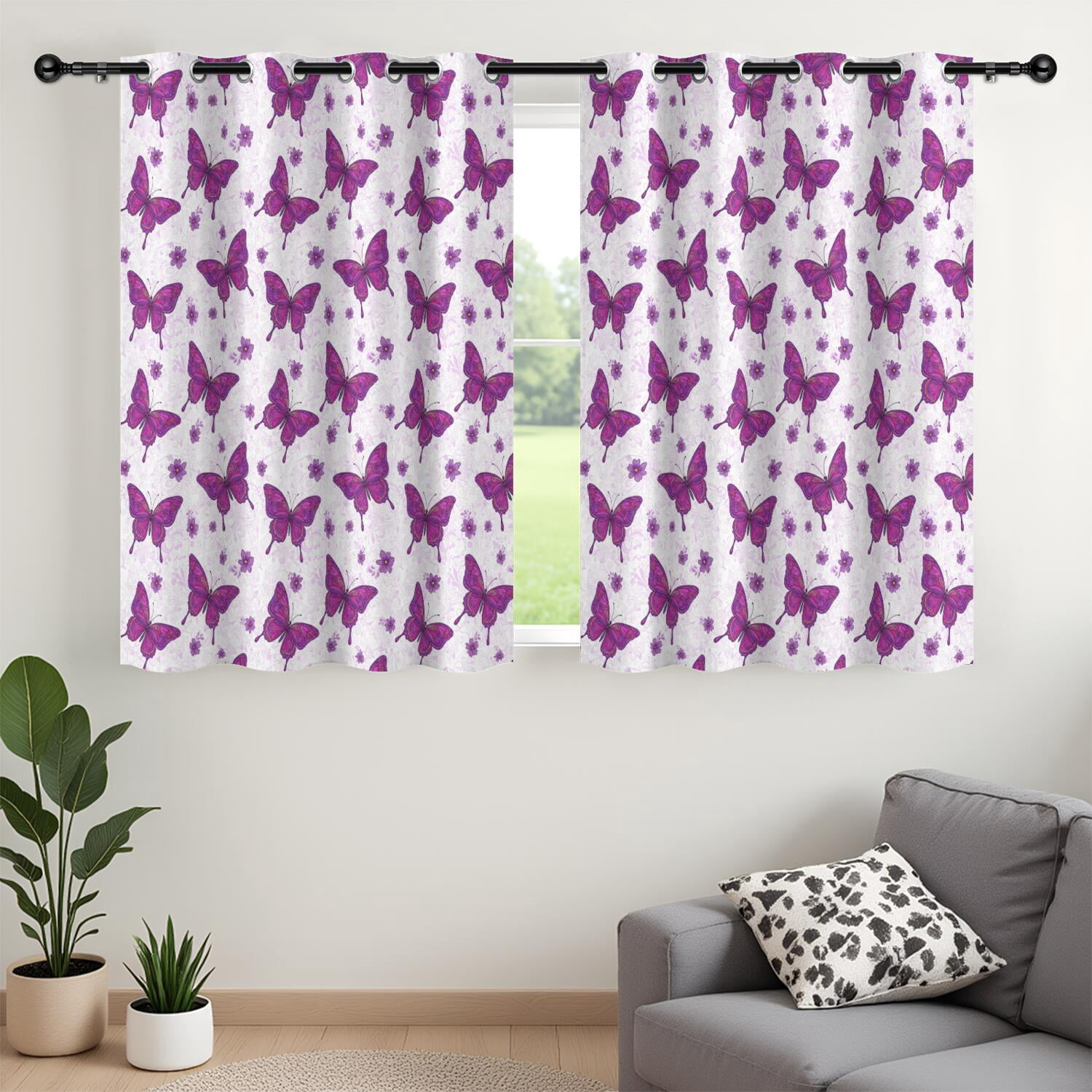 Butterfly and Floral Purple Pattern Blackout Curtains,Triple Weaved ...