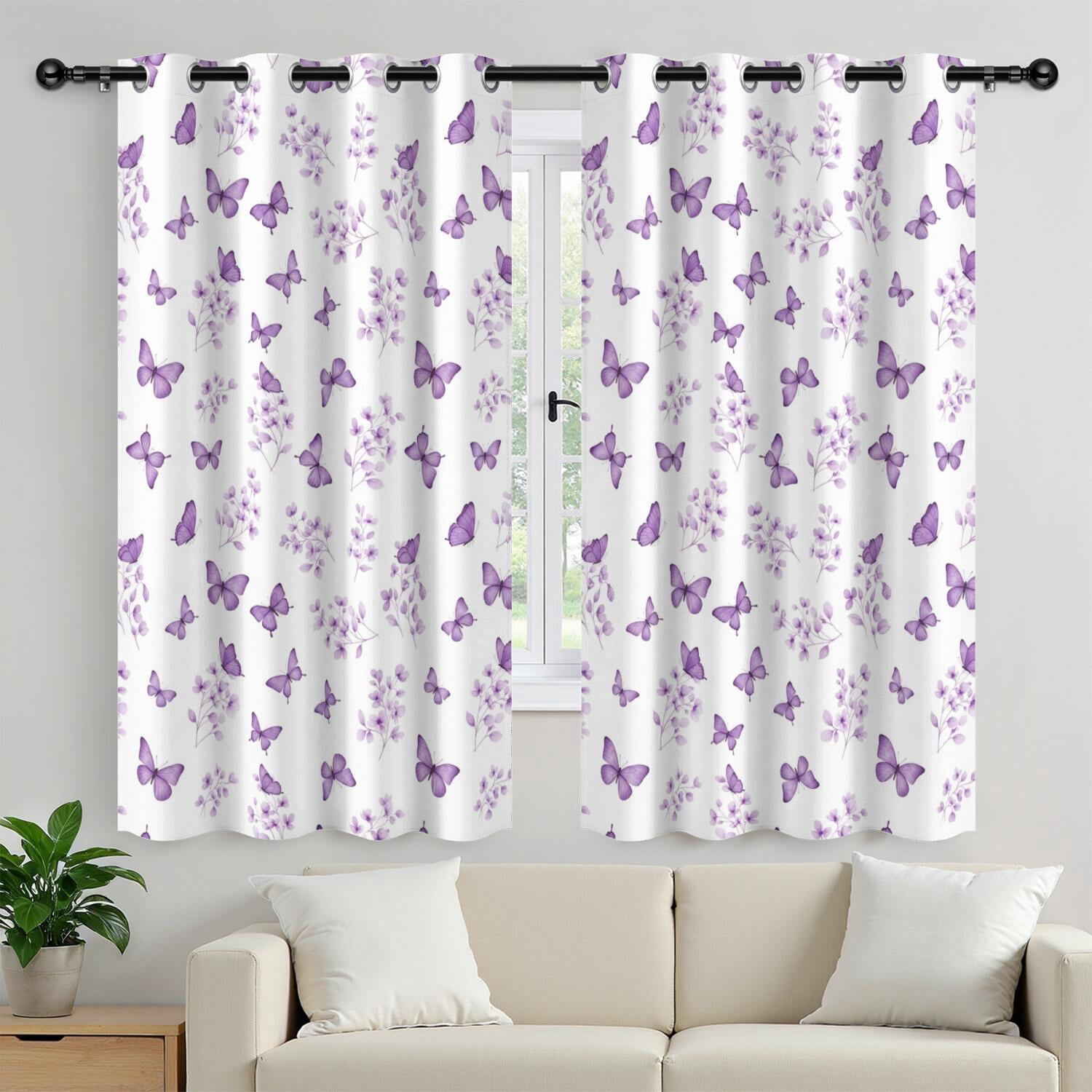 Butterfly and Floral Purple Pattern Blackout Curtains,Triple Weaved ...