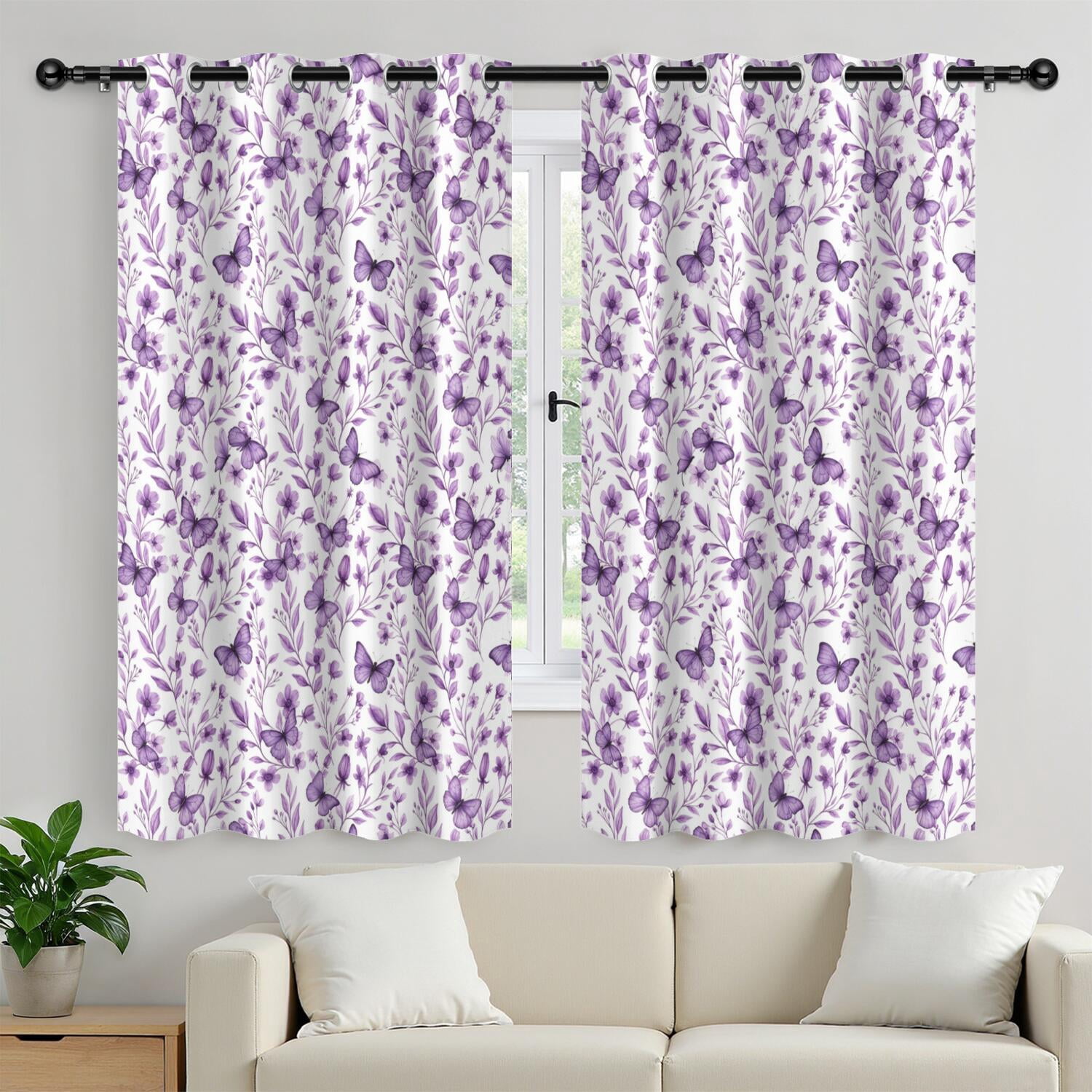 Butterfly and Floral Purple Pattern Blackout Curtains,Triple Weaved ...