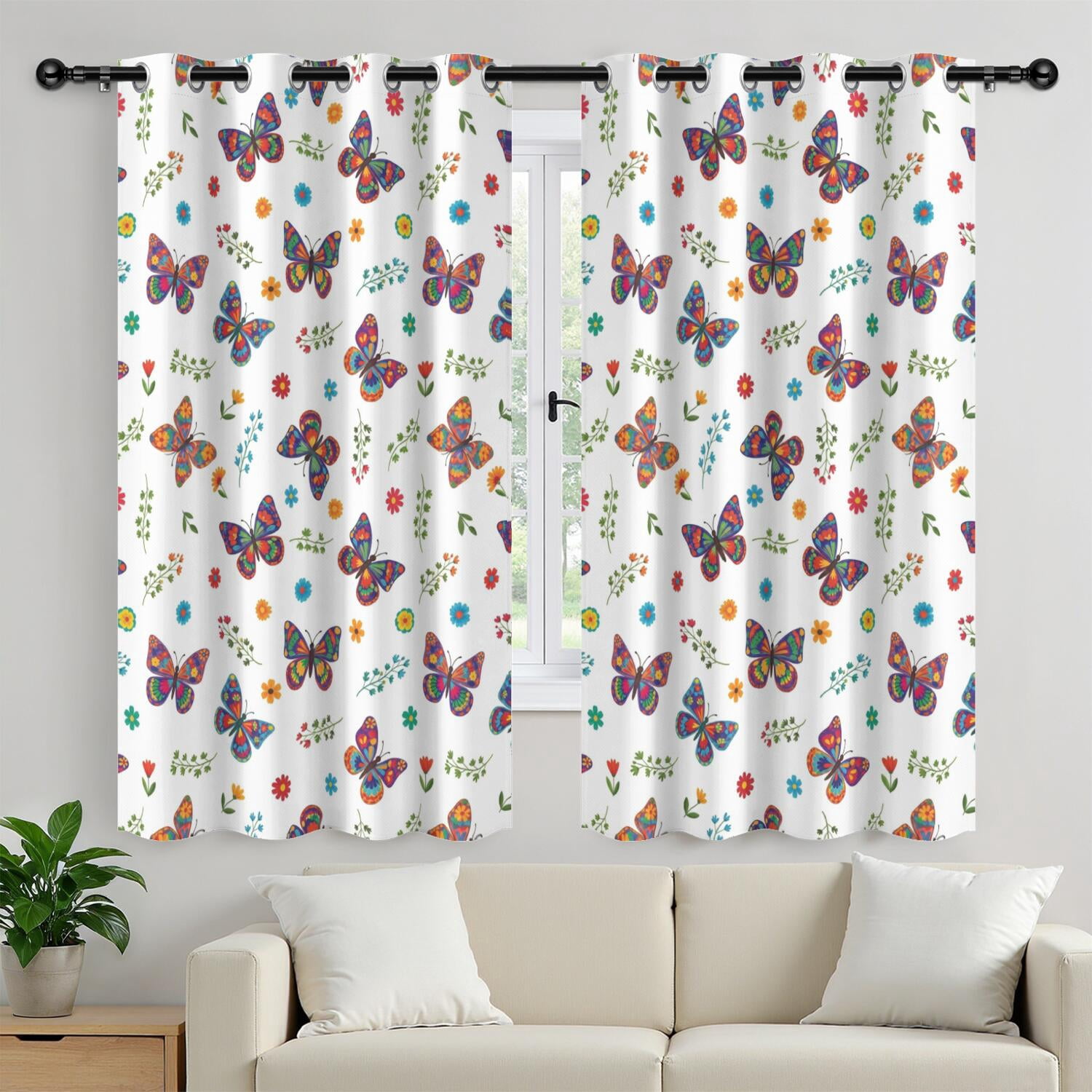 Butterfly and Flower Orange Pattern Blackout Curtains,Triple Weaved ...